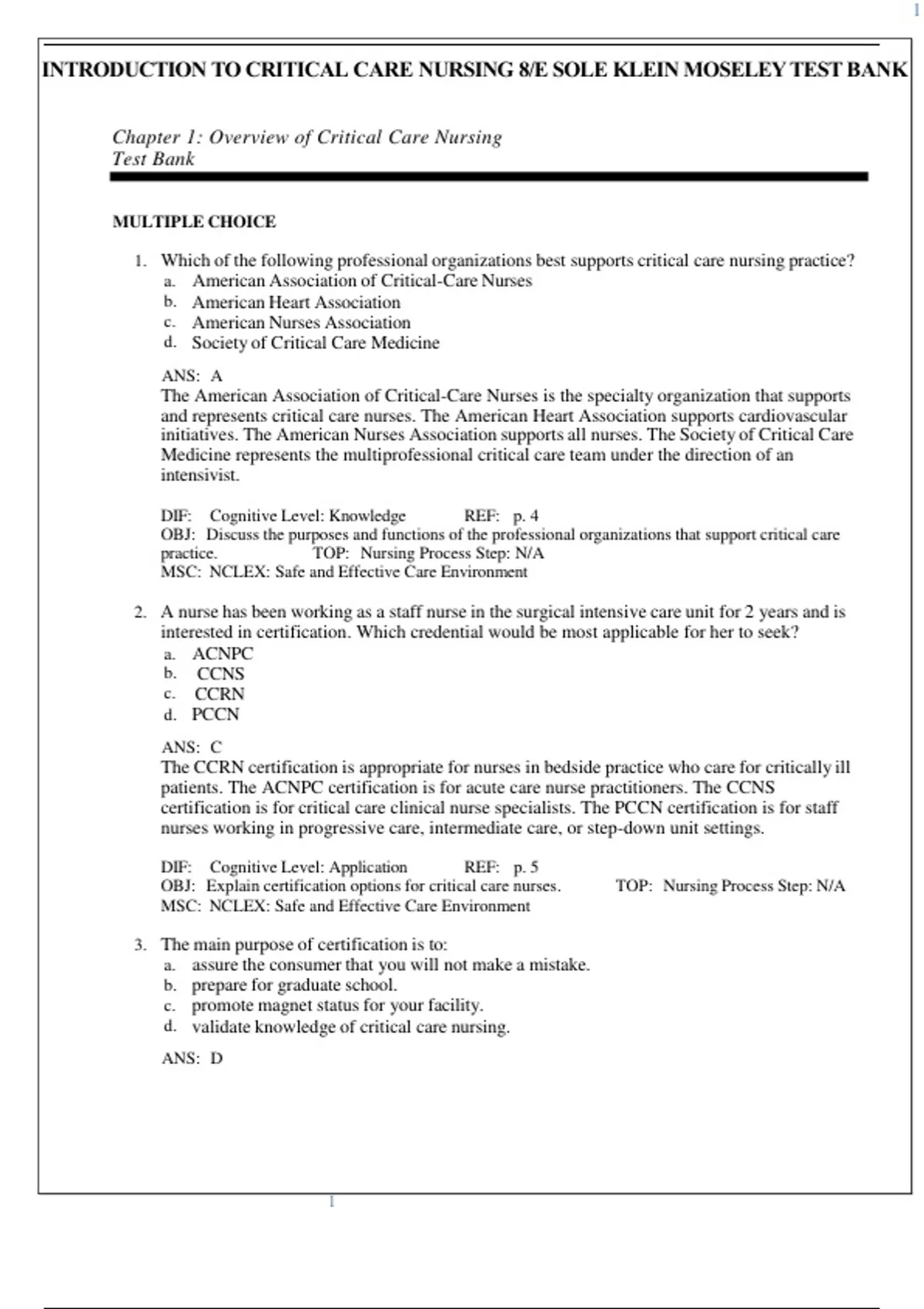 Introduction to Critical Care Nursing 8th Edition Test Bank – Sole ...