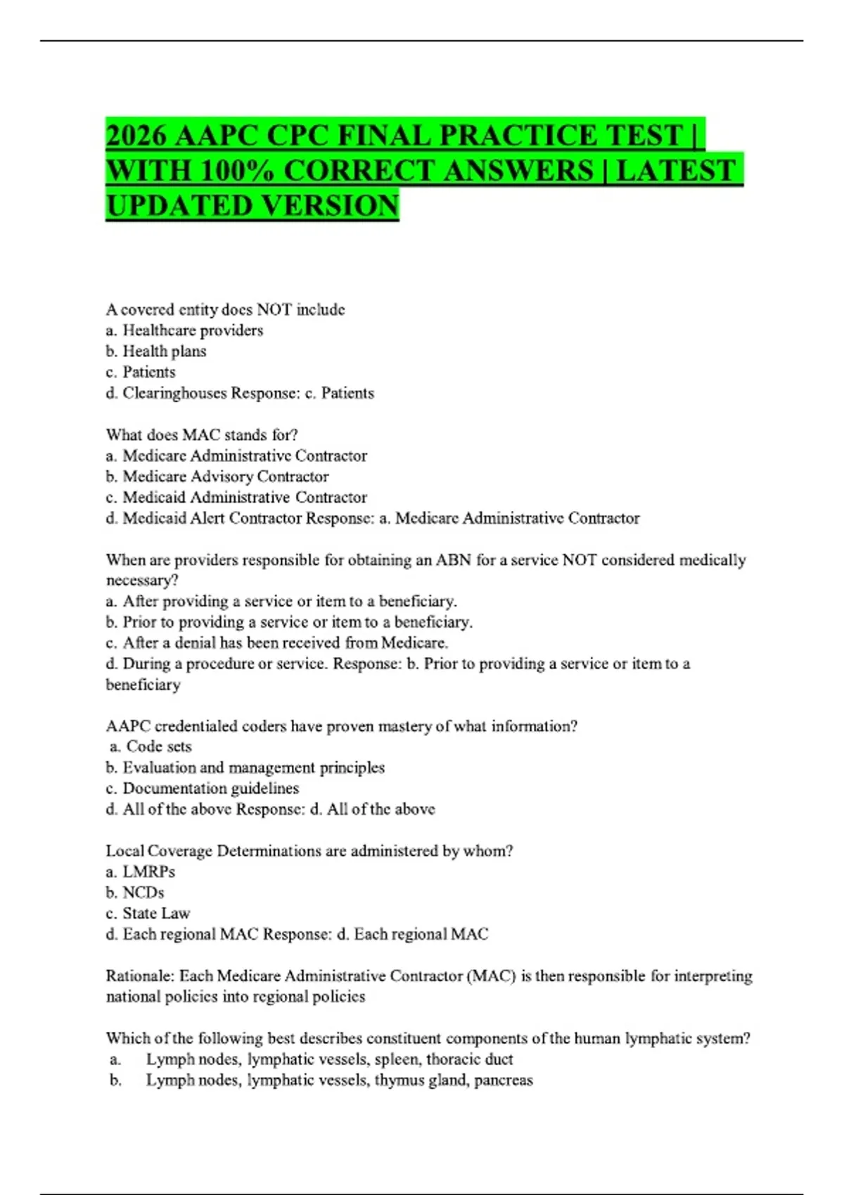 2026 AAPC CPC FINAL PRACTICE TEST | WITH 100% CORRECT ANSWERS | LATEST ...