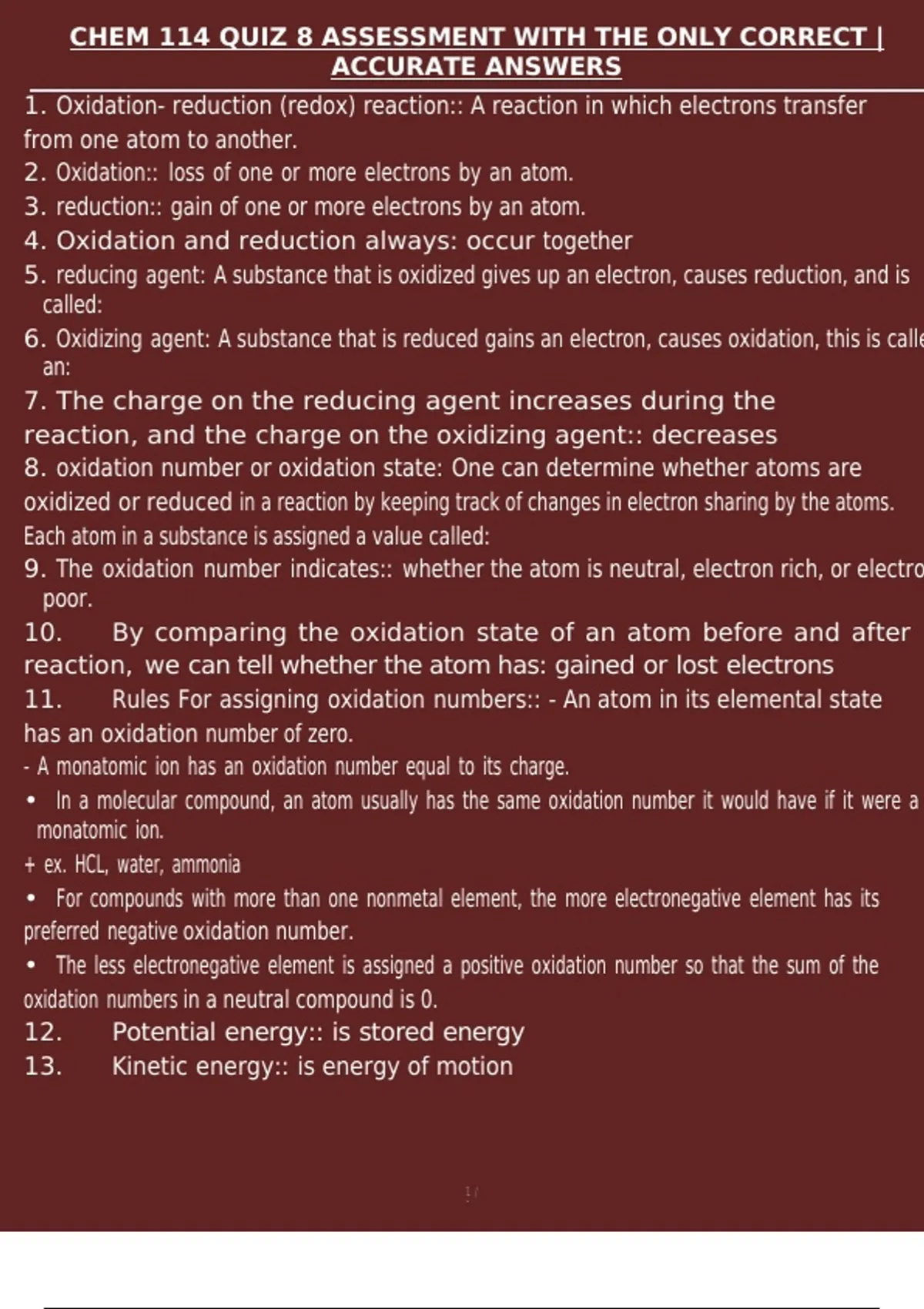 CHEM 114 QUIZ 8 ASSESSMENT WITH THE ONLY CORRECT ACCURATE ANSWERS ...
