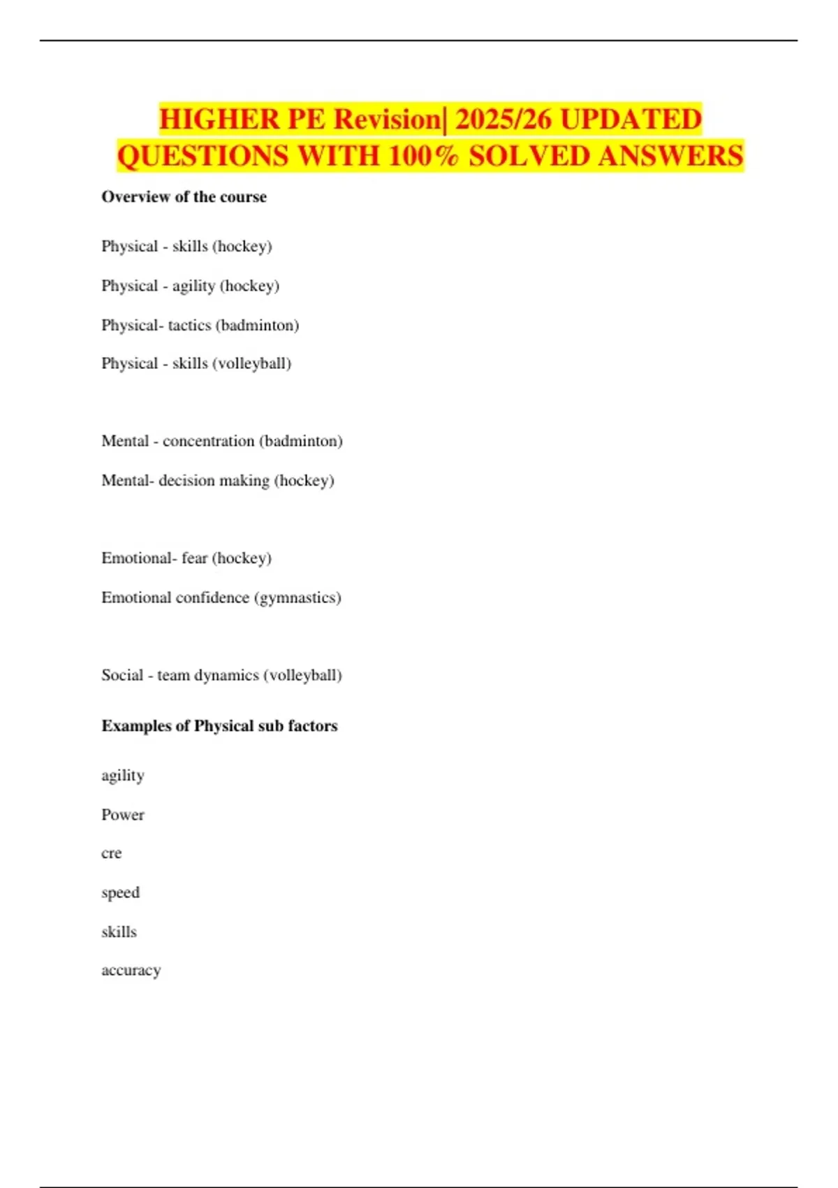 HIGHER PE Revision| 2025/26 UPDATED QUESTIONS WITH 100% SOLVED ANSWERS ...