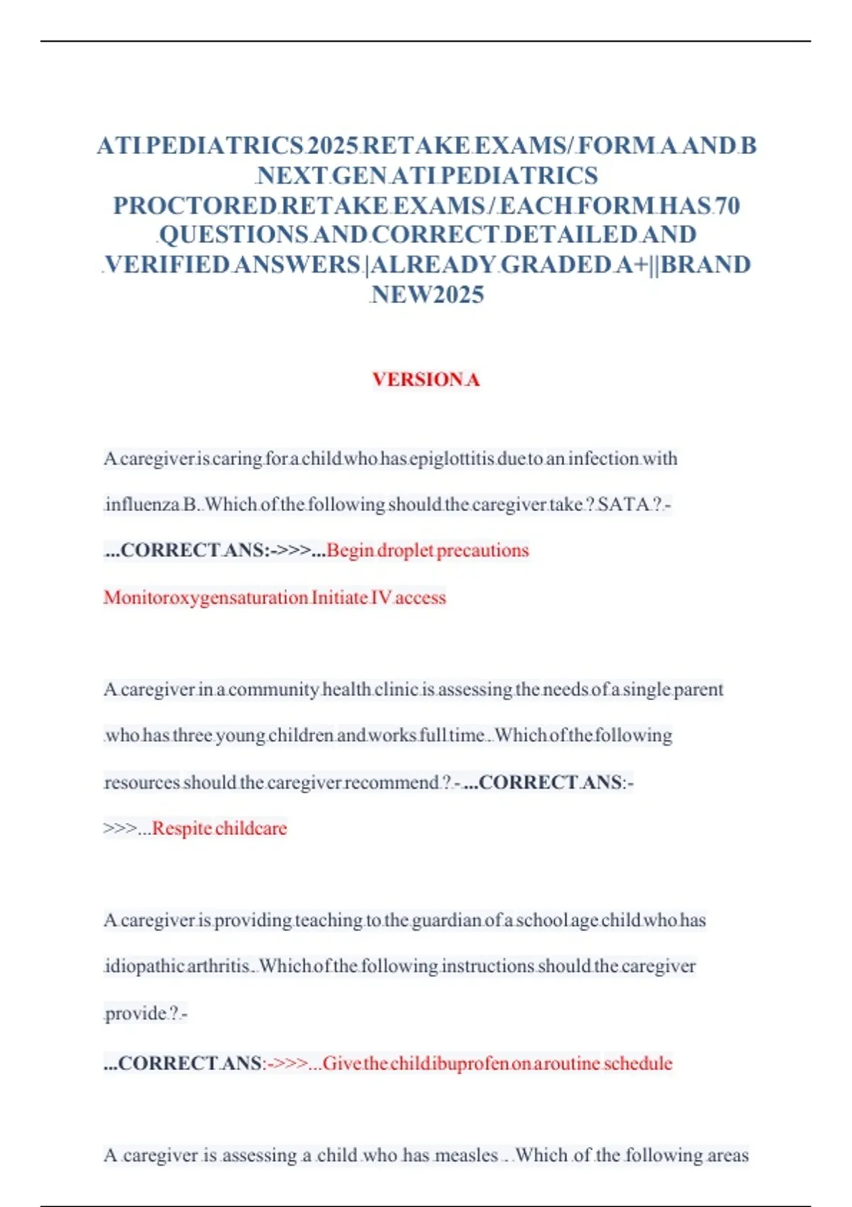 ATI PEDIATRICS 2025 RETAKE EXAMS/ FORM A AND B NEXT GEN ATI PEDIATRICS ...