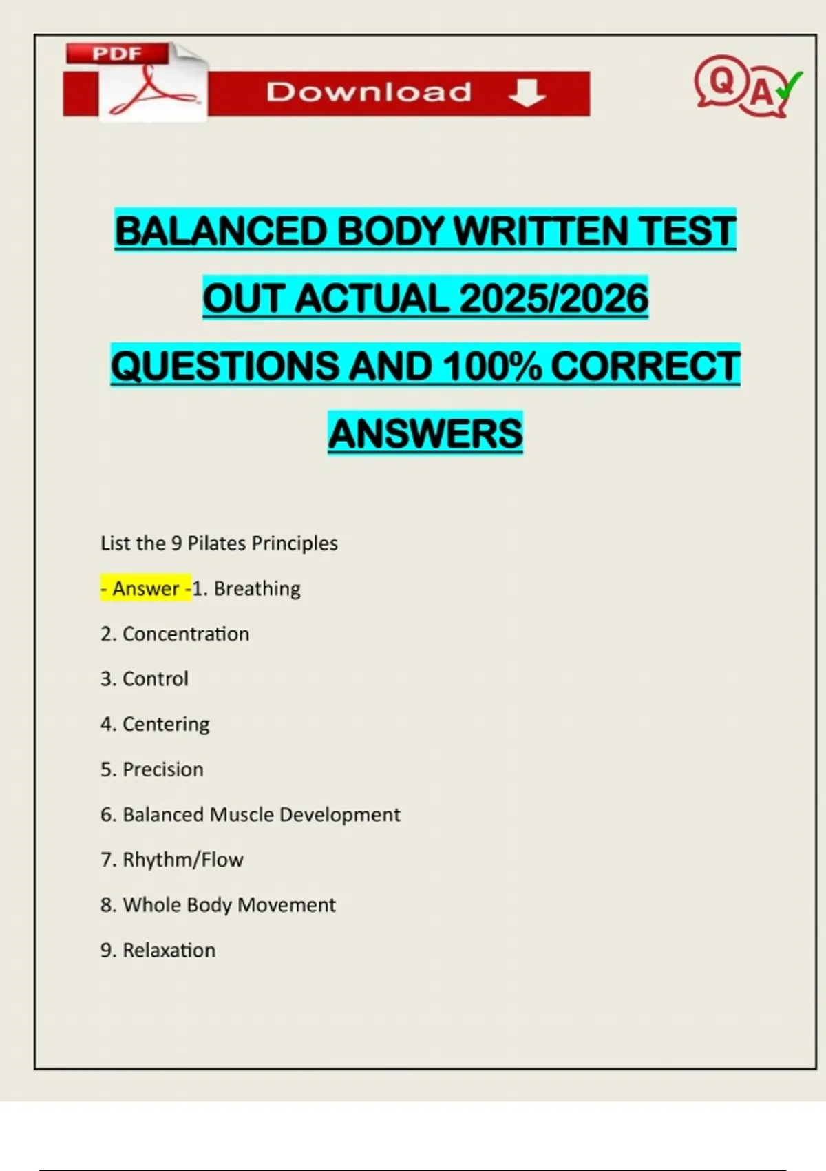 BALANCED BODY WRITTEN TEST OUT ACTUAL 2025/2026 QUESTIONS AND 100% ...