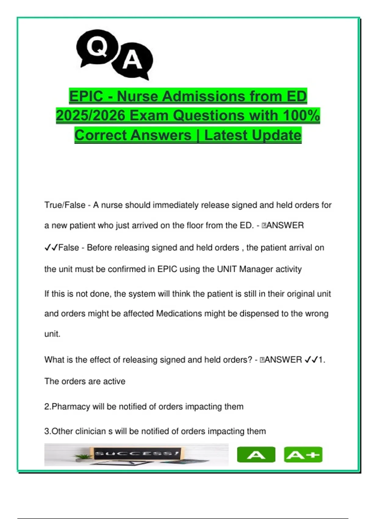 Epic Nurse Admissions from ED Assessment (2025/2026) – 100 Correct ...