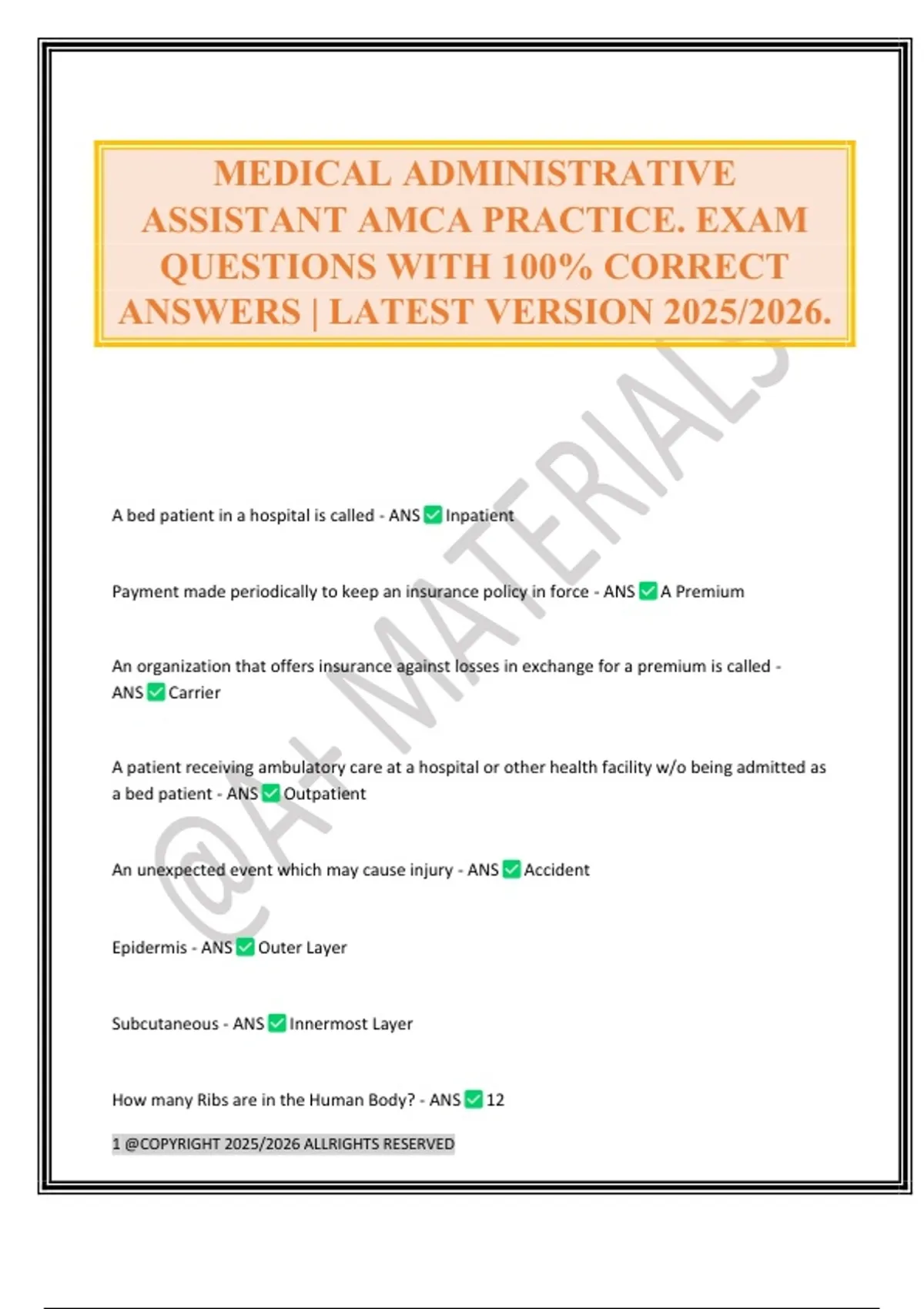 MEDICAL ADMINISTRATIVE ASSISTANT AMCA PRACTICE. EXAM QUESTIONS WITH 100 ...