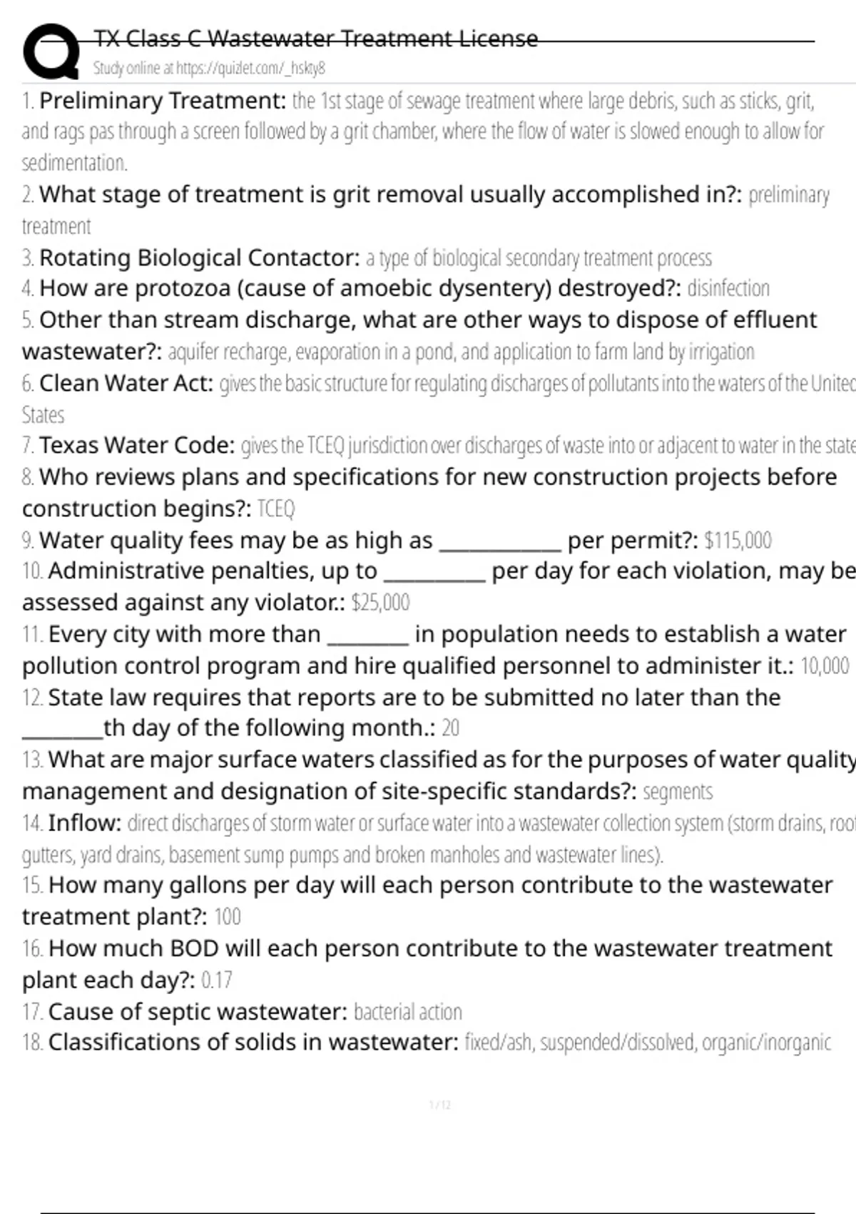 TX Class C Wastewater Treatment License Exam Questions and Answers 100% ...