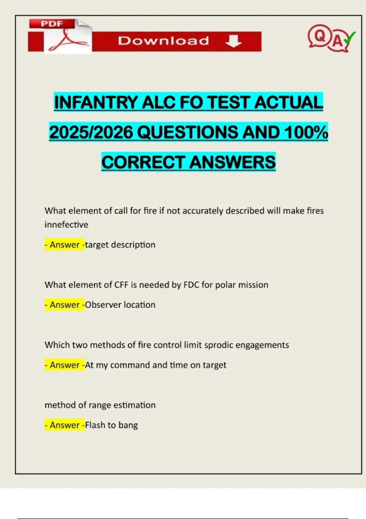 INFANTRY ALC FO TEST ACTUAL 2025/2026 QUESTIONS AND 100% CORRECT ...