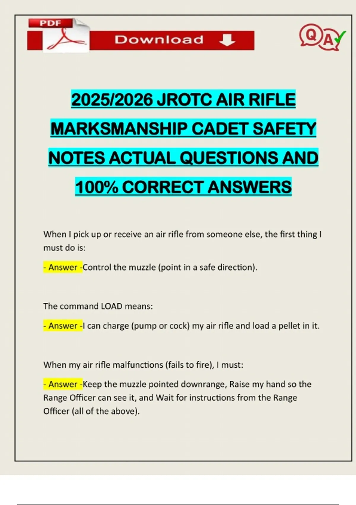 2025/2026 JROTC AIR RIFLE MARKSMANSHIP CADET SAFETY NOTES ACTUAL ...