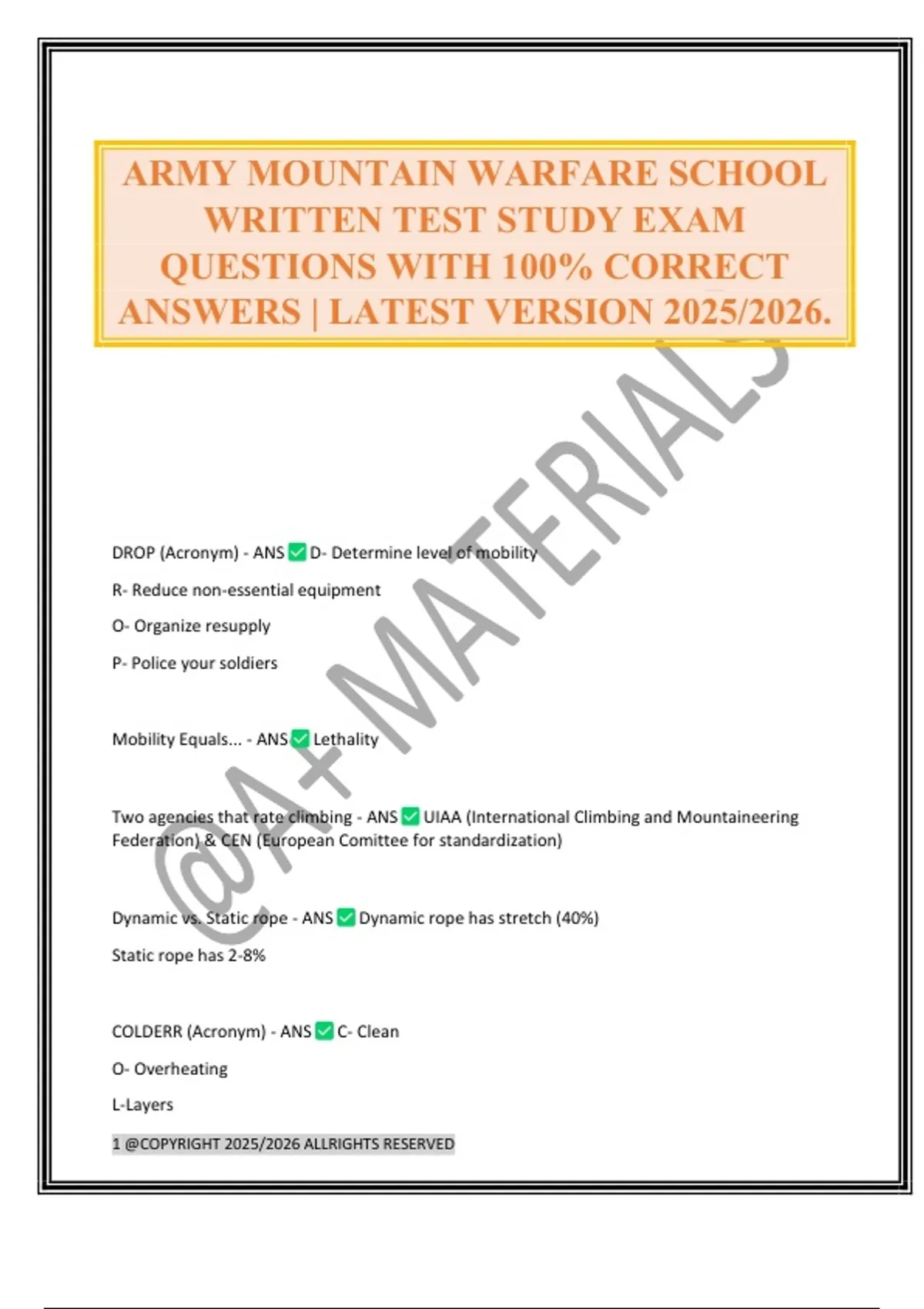 ARMY MOUNTAIN WARFARE SCHOOL WRITTEN TEST STUDY EXAM QUESTIONS WITH 100 ...
