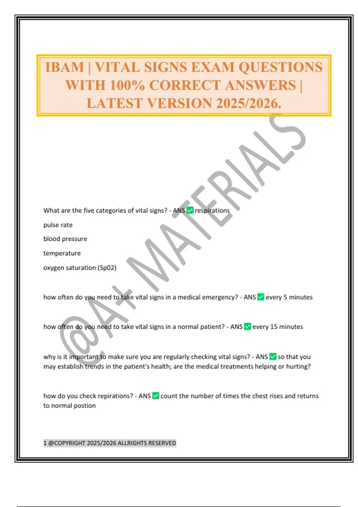 IBAM | VITAL SIGNS EXAM QUESTIONS WITH 100% CORRECT ANSWERS | LATEST ...
