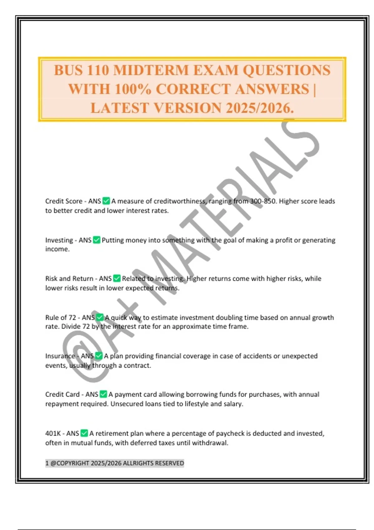 BUS 110 MIDTERM EXAM QUESTIONS WITH 100% CORRECT ANSWERS | LATEST ...