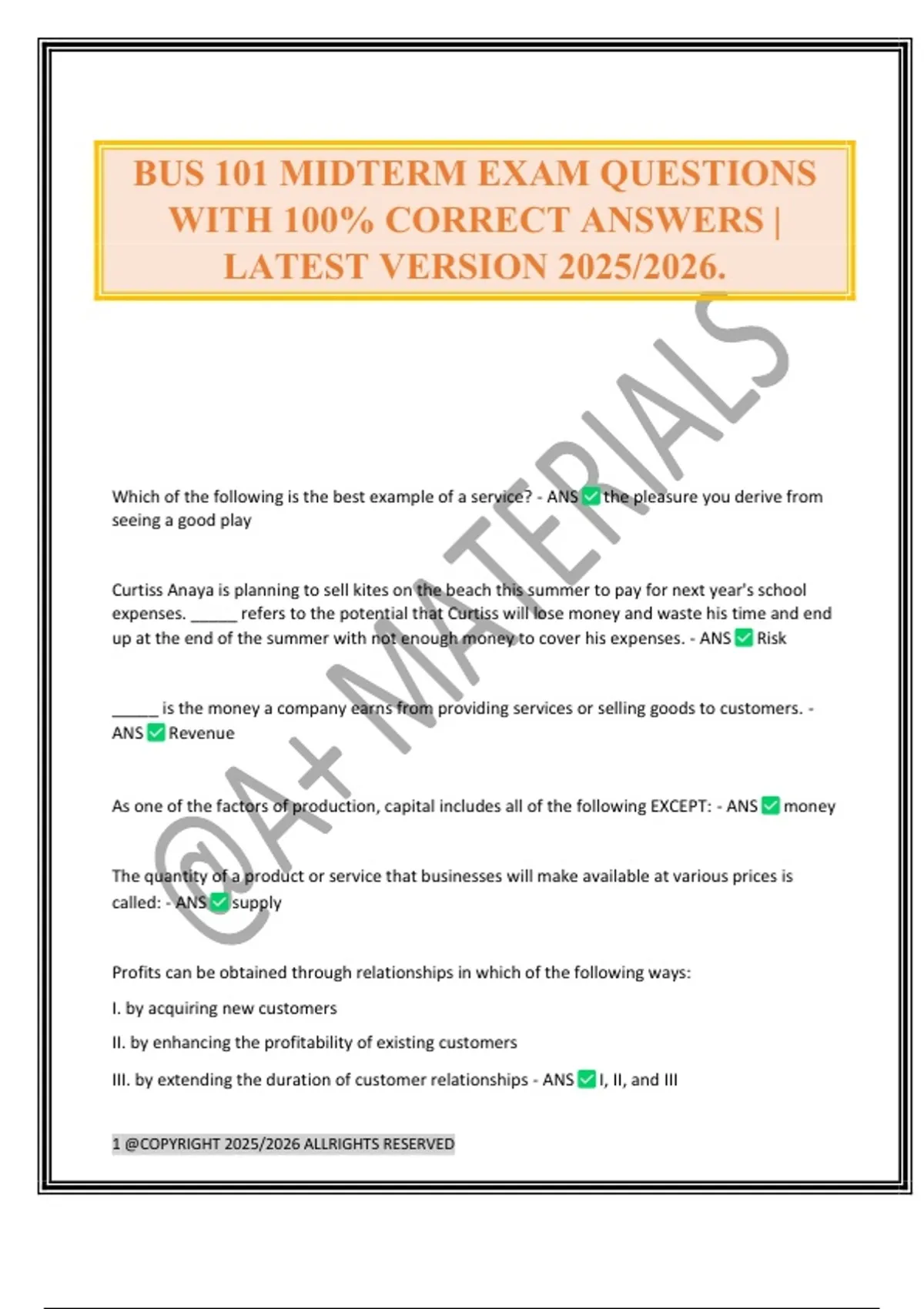 BUS 101 MIDTERM EXAM QUESTIONS WITH 100% CORRECT ANSWERS | LATEST ...