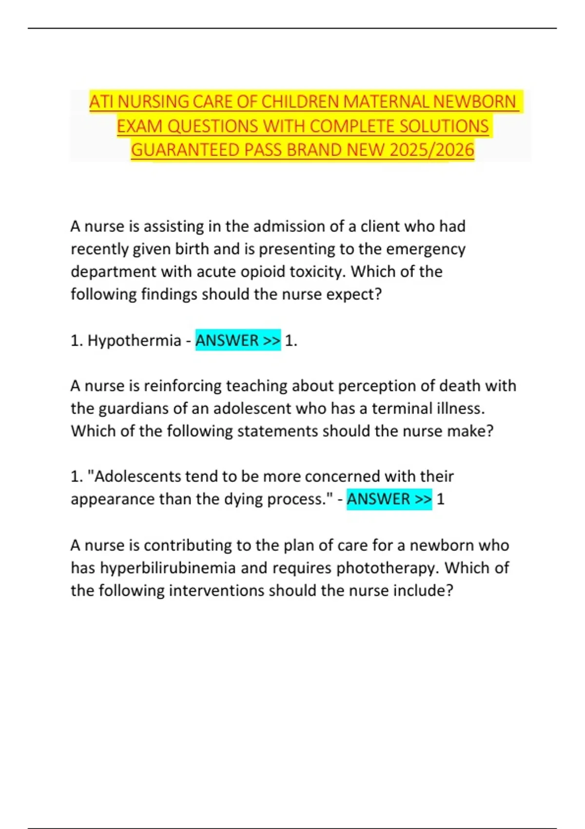 ATI NURSING CARE OF CHILDREN MATERNAL NEWBORN EXAM QUESTIONS WITH ...