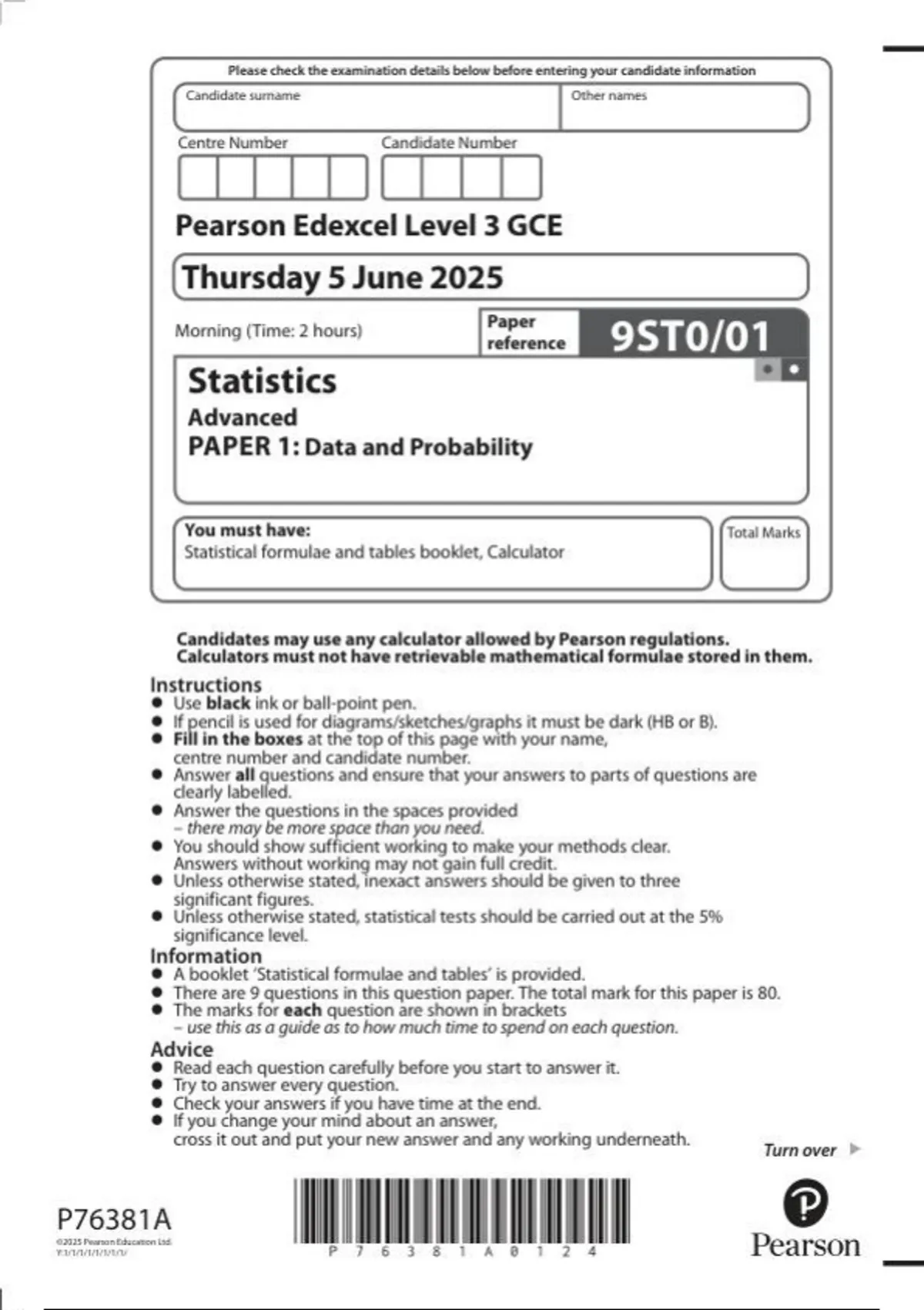 Pearson Edexcel A Level STATISTICS Paper 1 June 2025 QUESTION PAPER ...