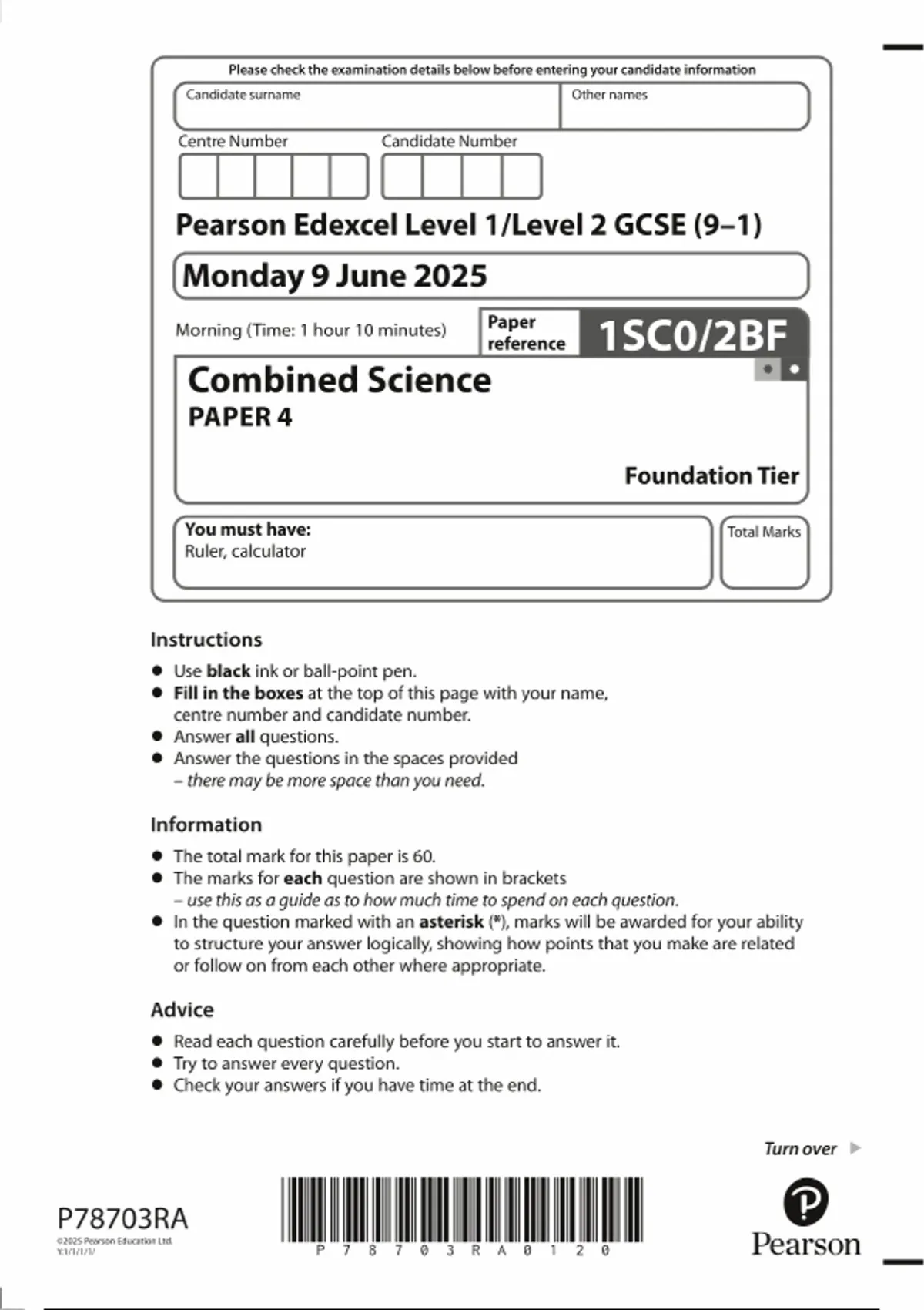 2025 Pearson Edexcel GCSE Combined Science PAPER 4 QUESTION PAPER (1SC0 ...