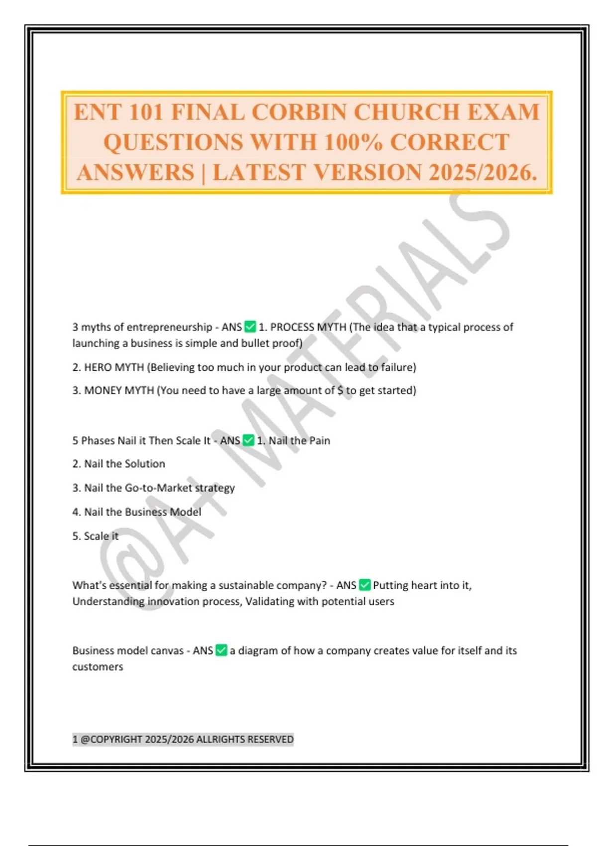 ENT 101 FINAL CORBIN CHURCH EXAM QUESTIONS WITH 100% CORRECT ANSWERS ...