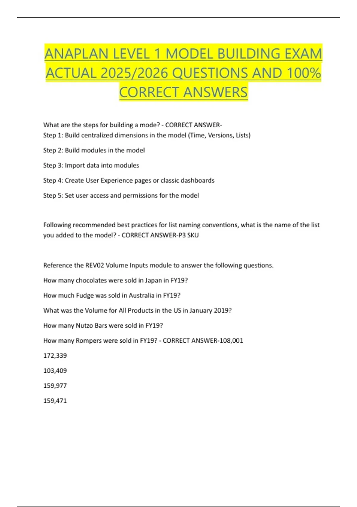 ANAPLAN LEVEL 1 MODEL BUILDING EXAM ACTUAL 2025/2026 QUESTIONS AND 100% ...
