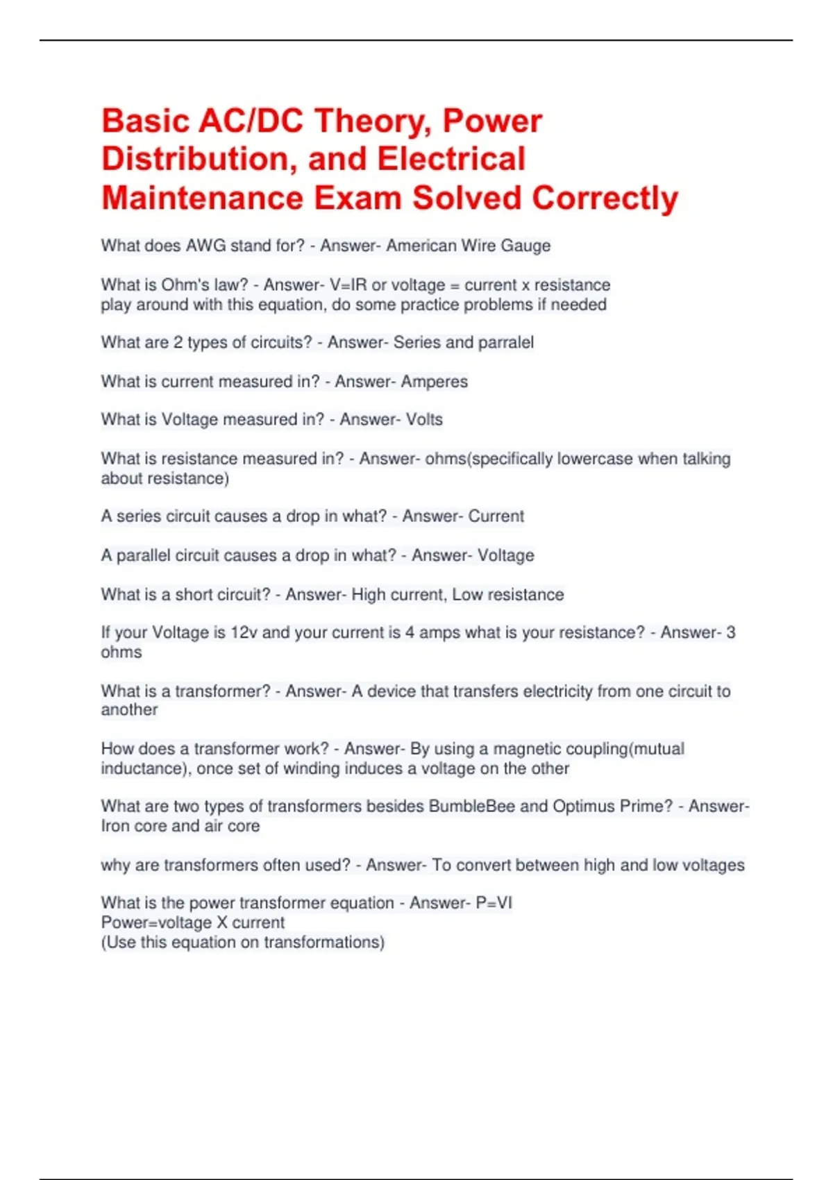 Basic AC/DC Theory, Power Distribution, and Electrical Maintenance Exam ...