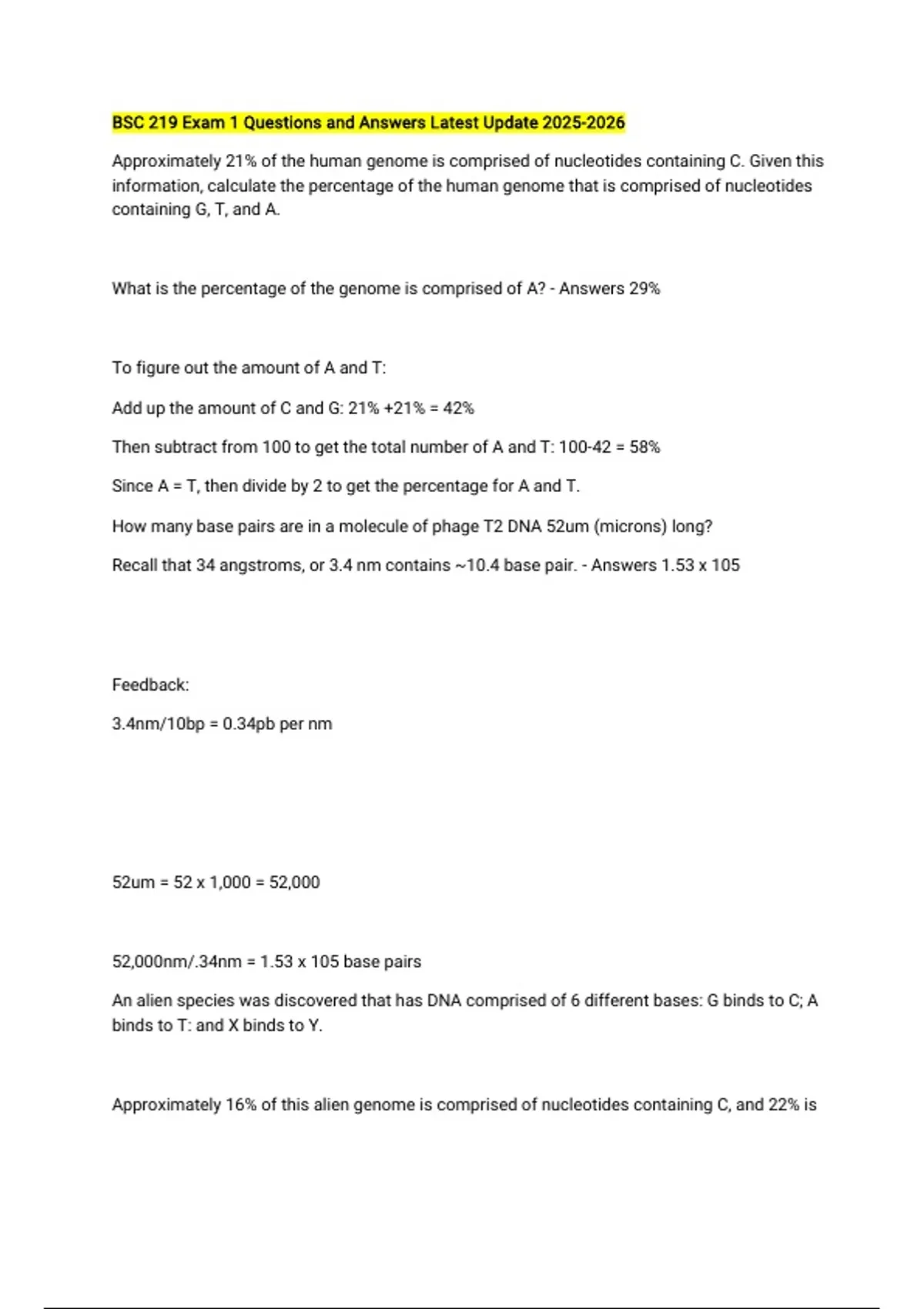 BSC 219 Exam 1 Questions and Answers Latest Update - BSC 219 - Stuvia US