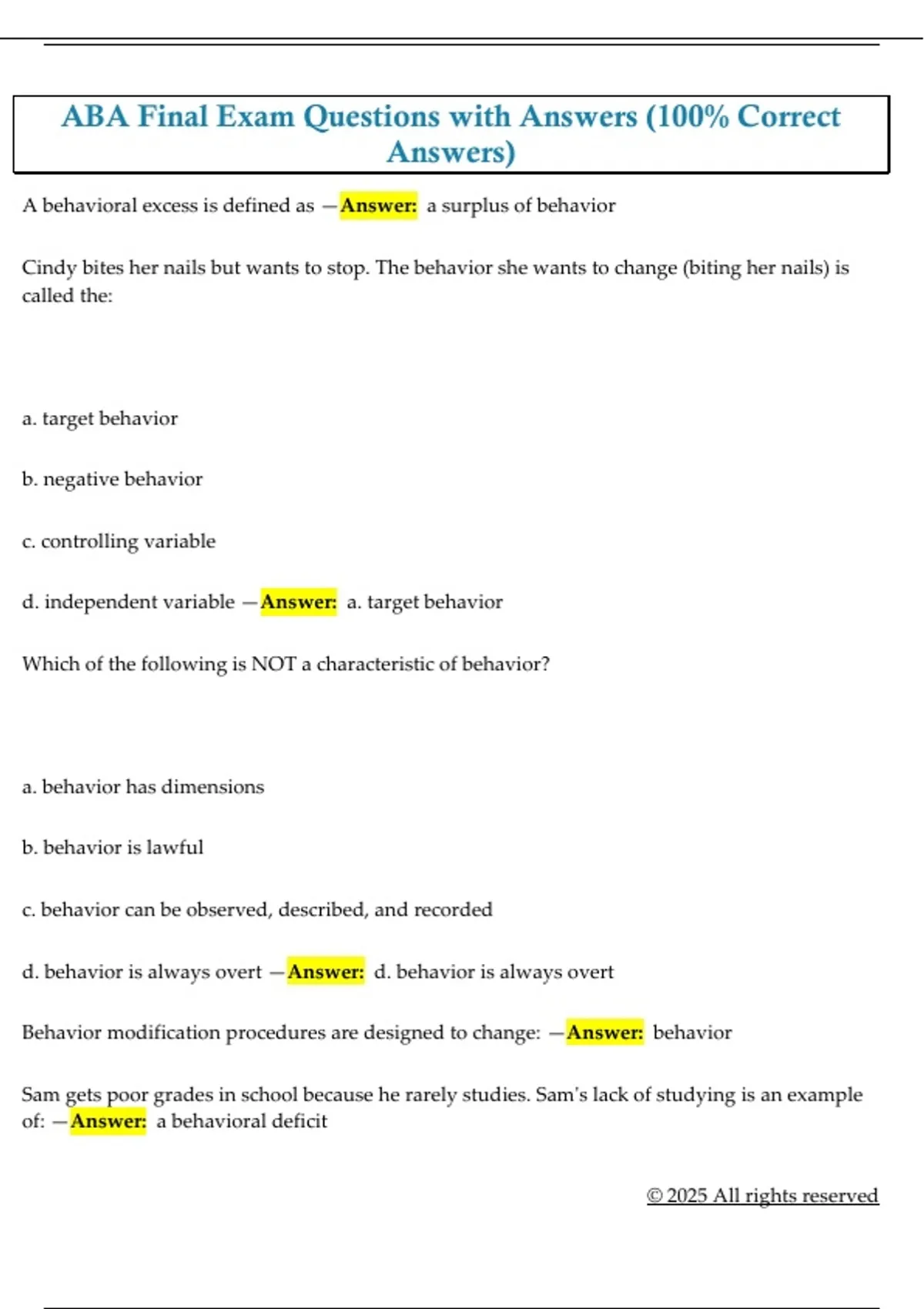 ABA Final Exam Questions with Answers (100% Correct Answers) - ABA ...