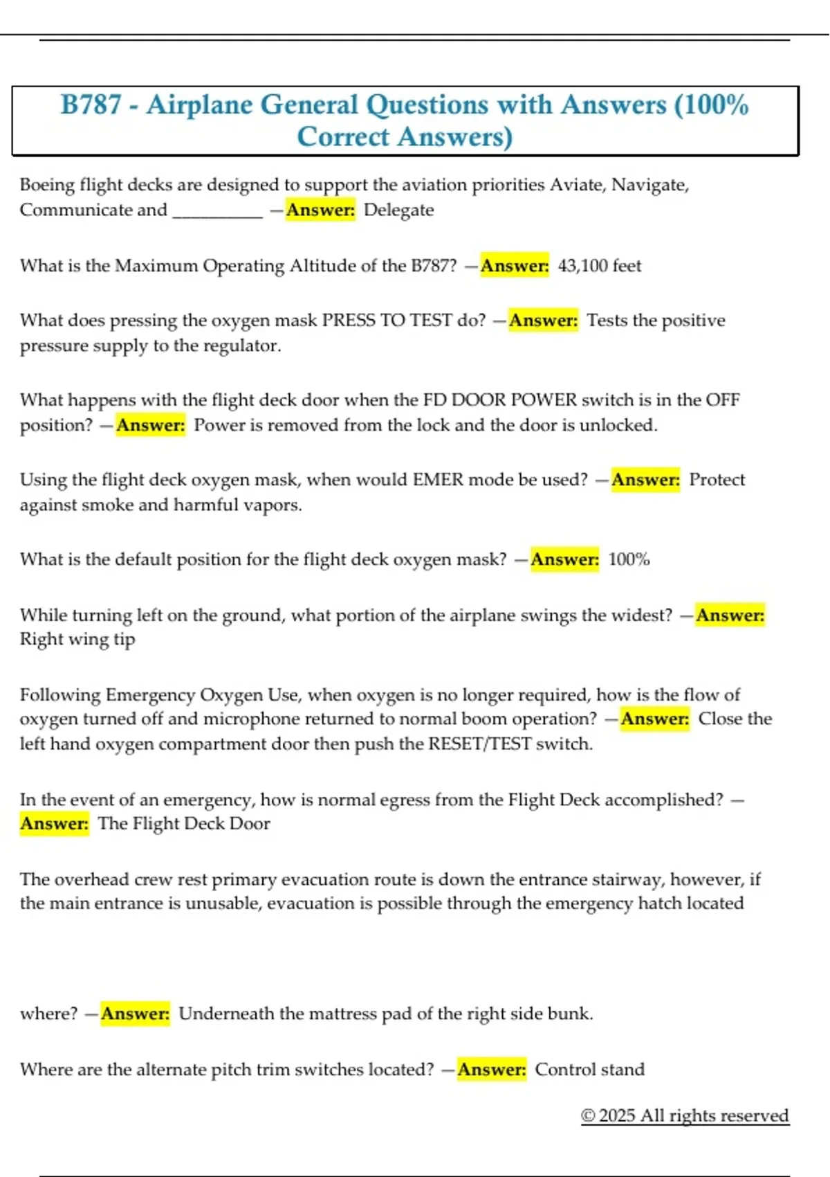 B787 - Airplane General Questions with Answers (100% Correct Answers ...