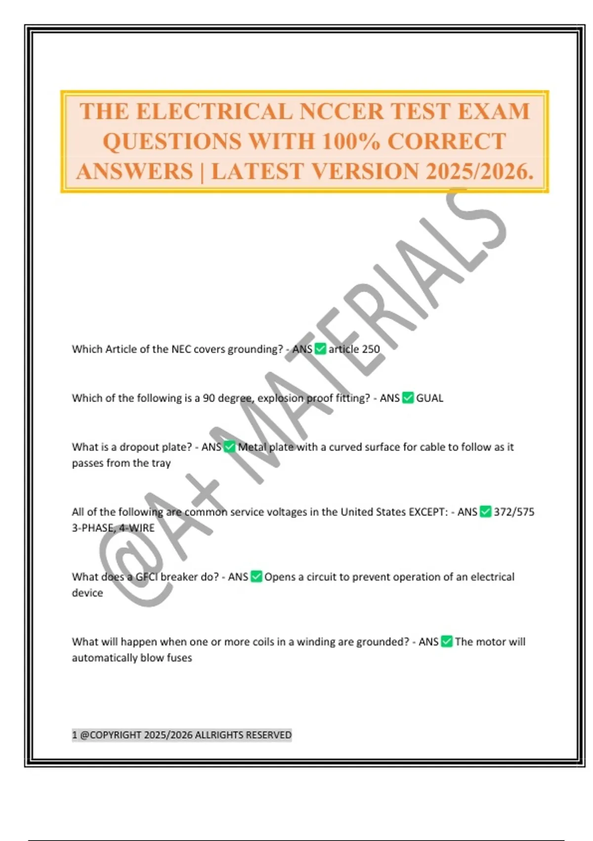 THE ELECTRICAL NCCER TEST EXAM QUESTIONS WITH 100% CORRECT ANSWERS ...