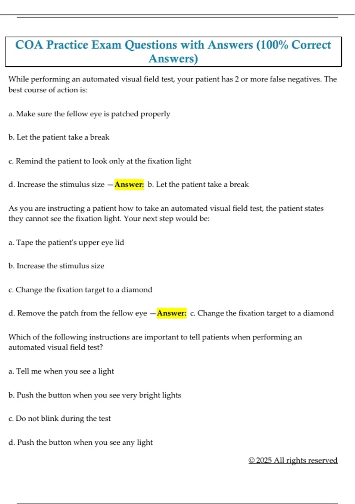 COA Practice Exam Questions with Answers (100% Correct Answers) - COA ...