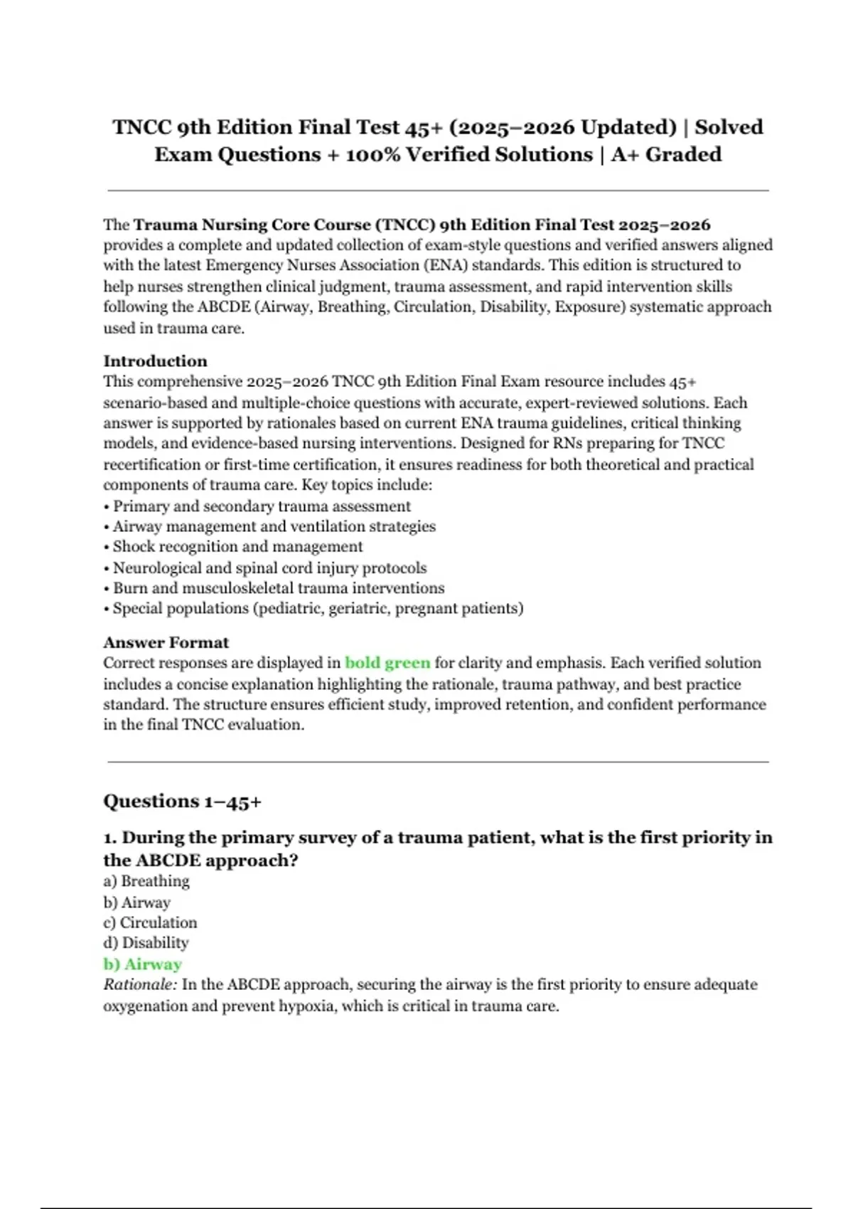 TNCC 9th Edition Final Test – 45+ (2025–2026 Updated) | Solved Exam ...