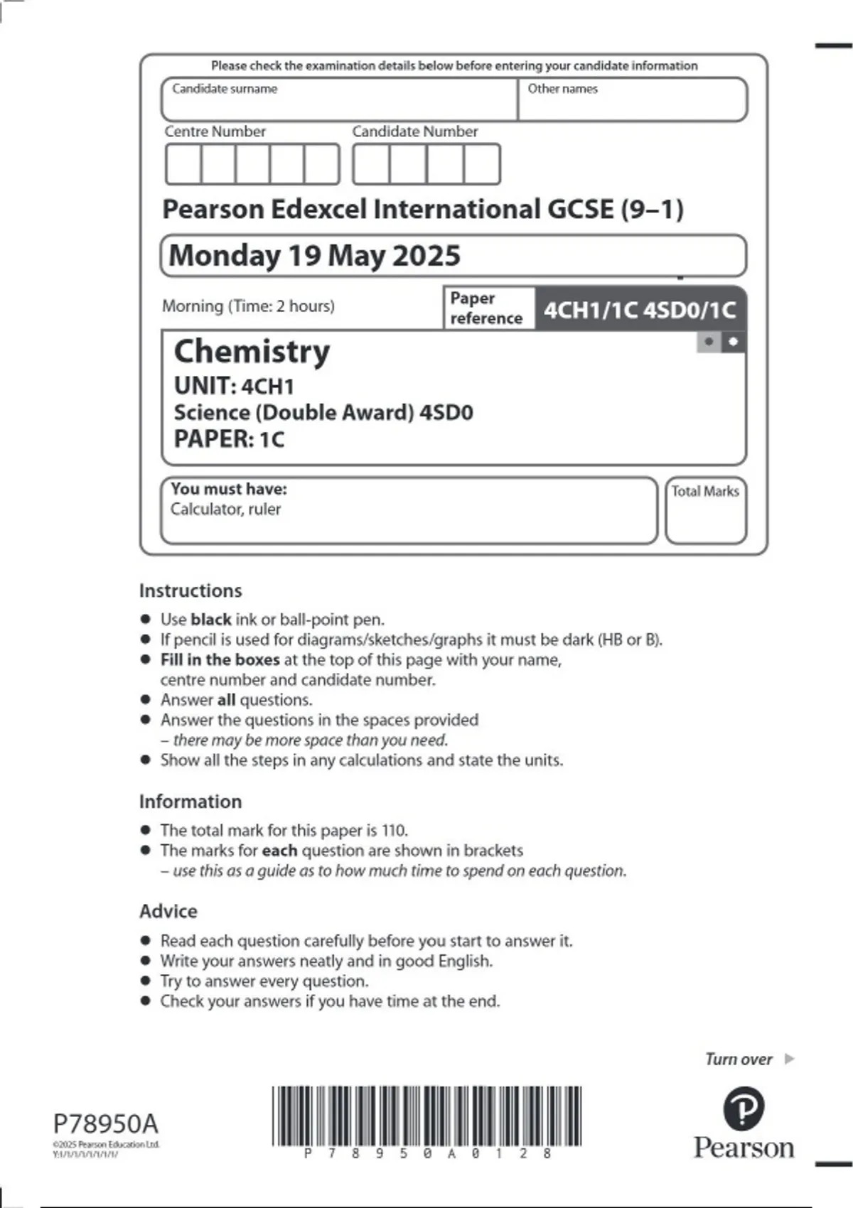 Pearson Edexcel International GCSE Chemistry Paper referencе 4CH1/1C ...