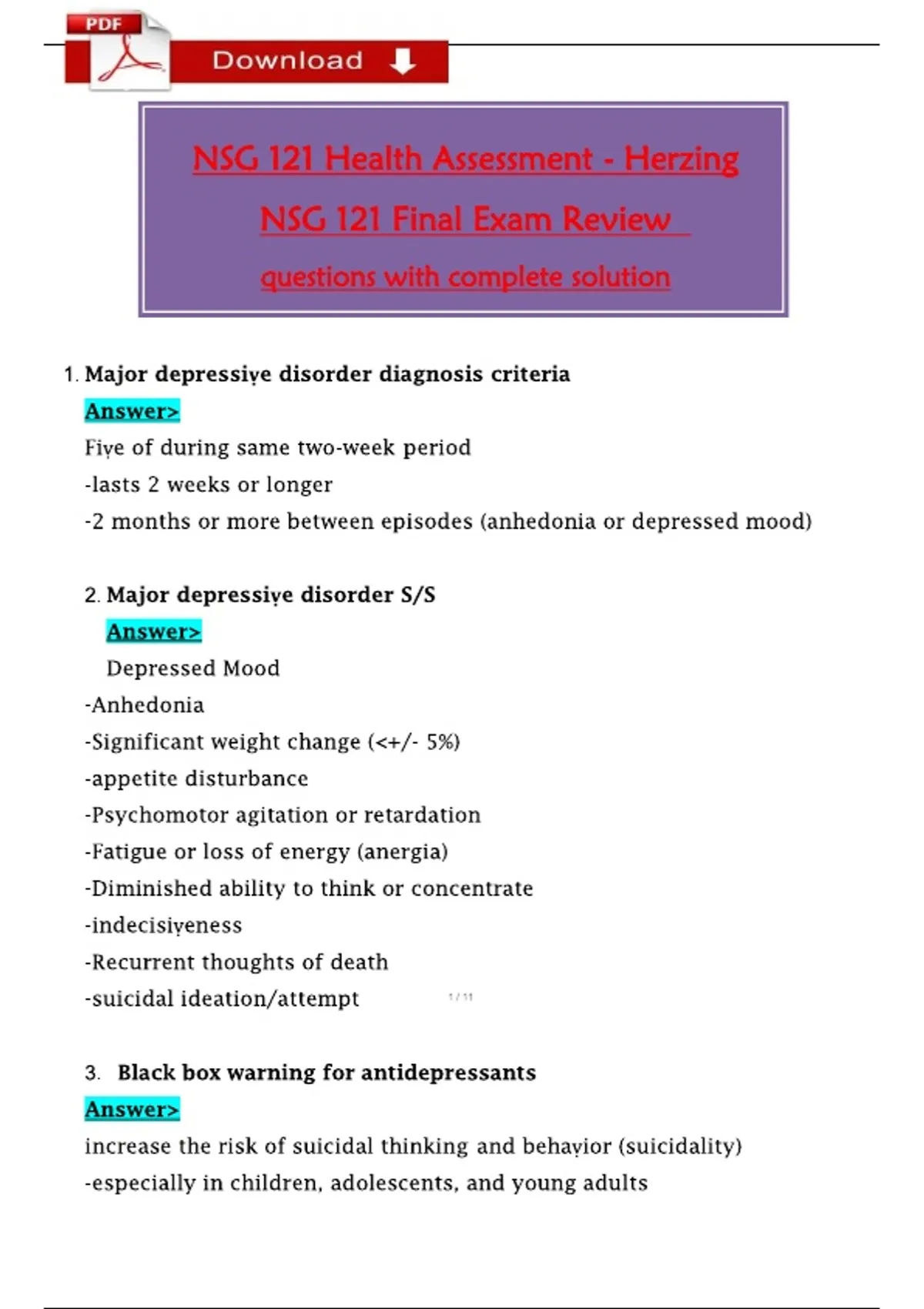 NSG 121 Health Assessment - Herzing NSG 121 Final Exam Review questions ...