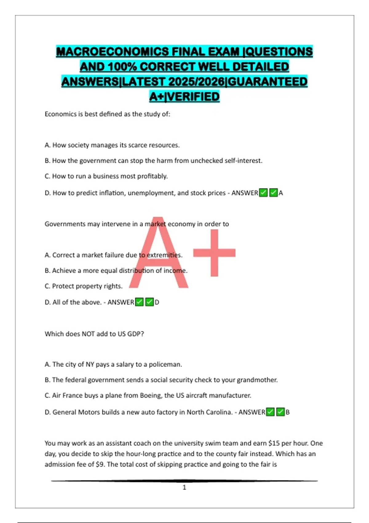 MACROECONOMICS FINAL EXAM |QUESTIONS AND 100% CORRECT WELL DETAILED ...