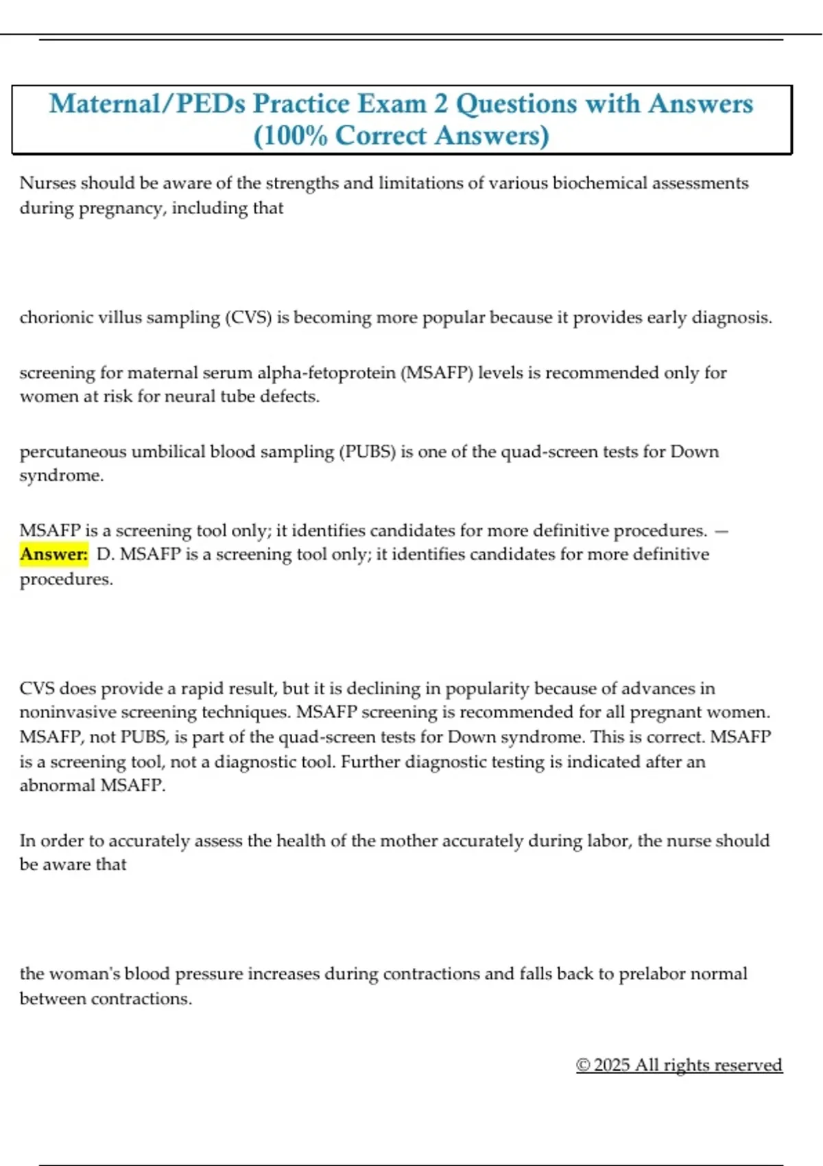 Maternal/PEDs Practice Exam 2 Questions with Answers (100% Correct ...