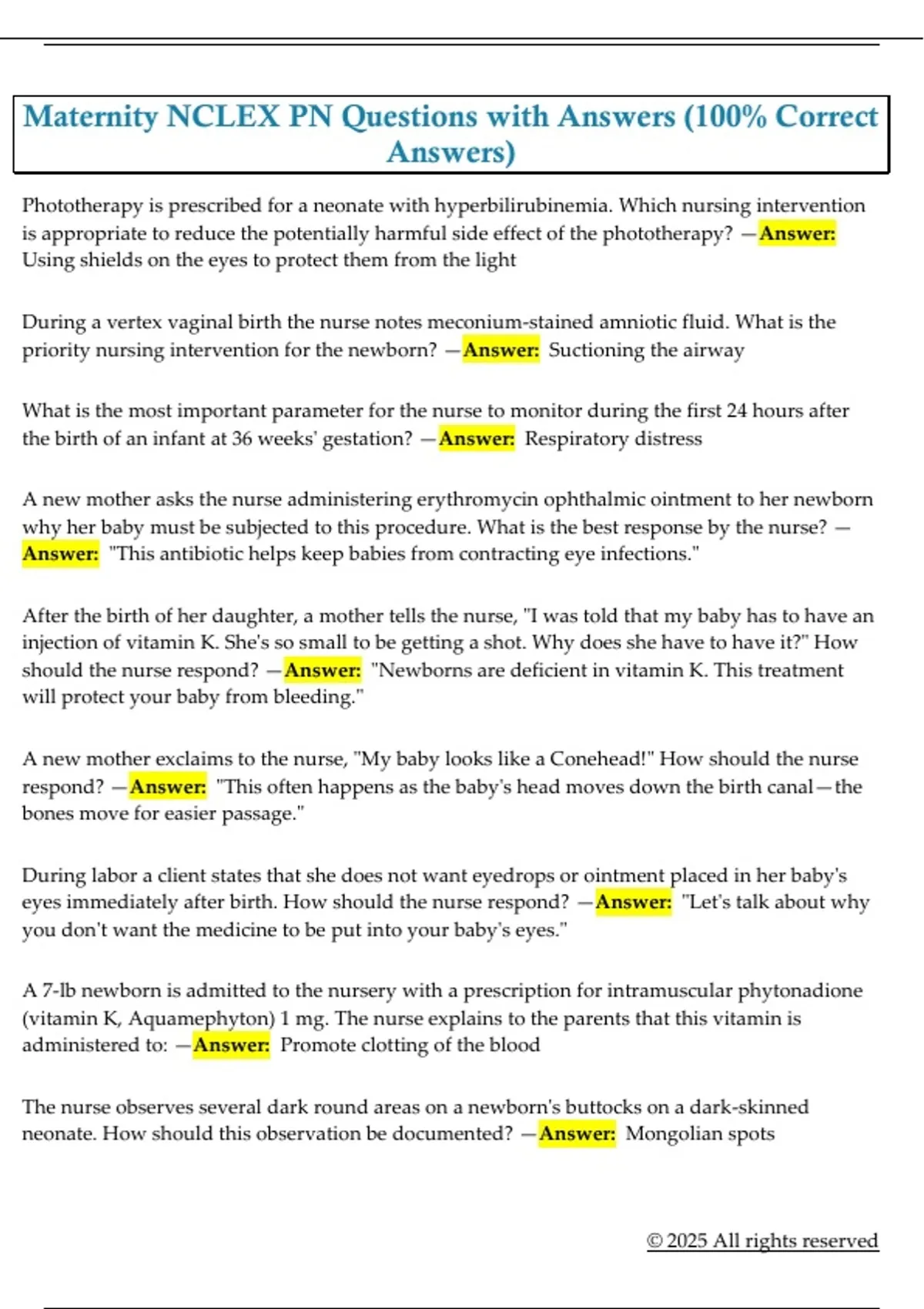 Maternity NCLEX PN Questions with Answers (100% Correct Answers ...