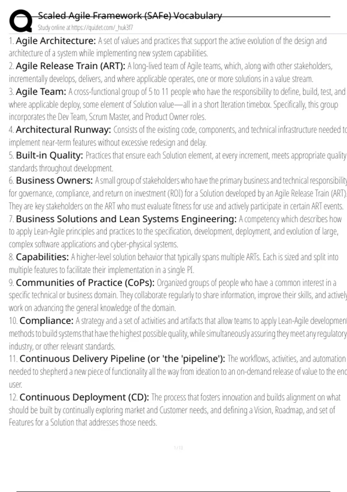 Scaled Agile Framework (SAFe) Vocabulary Exam Questions and Answers 100 ...