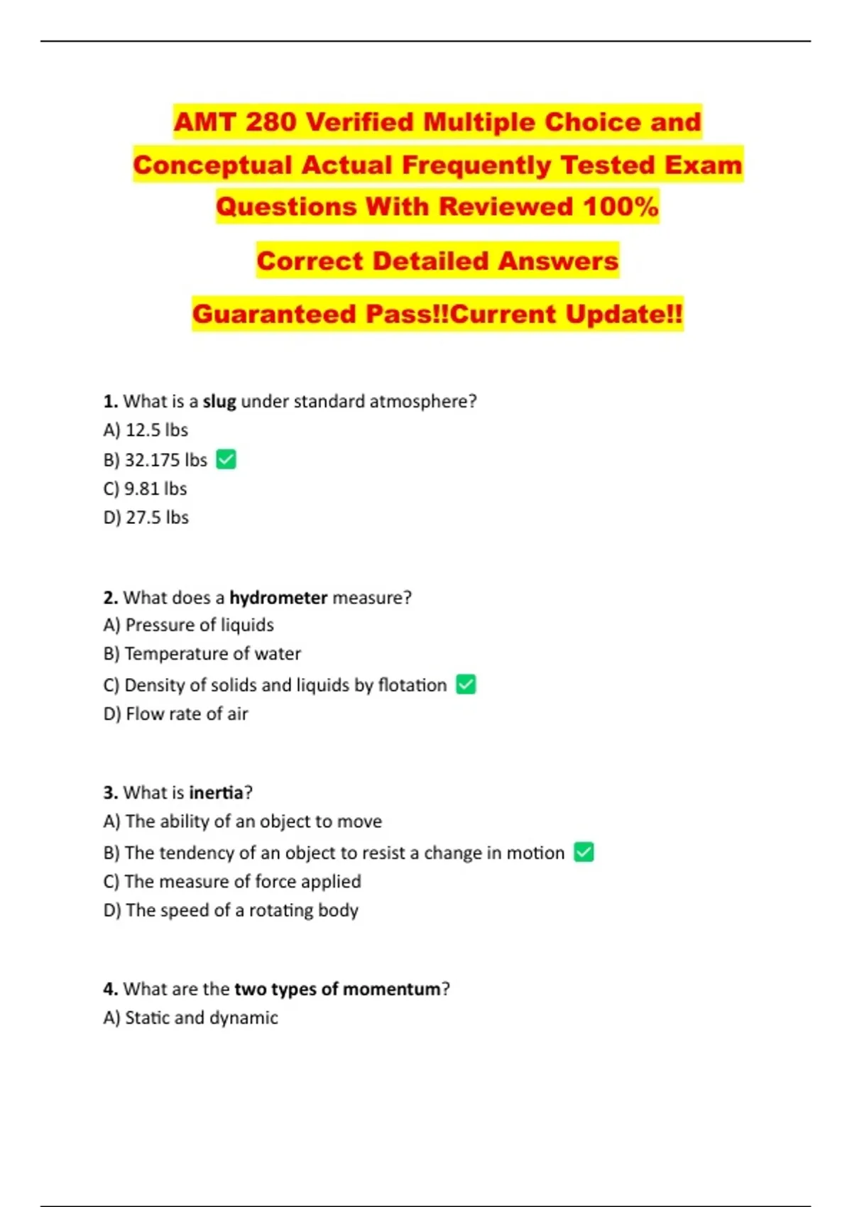 AMT 280 Verified Multiple Choice and Conceptual Actual Frequently ...