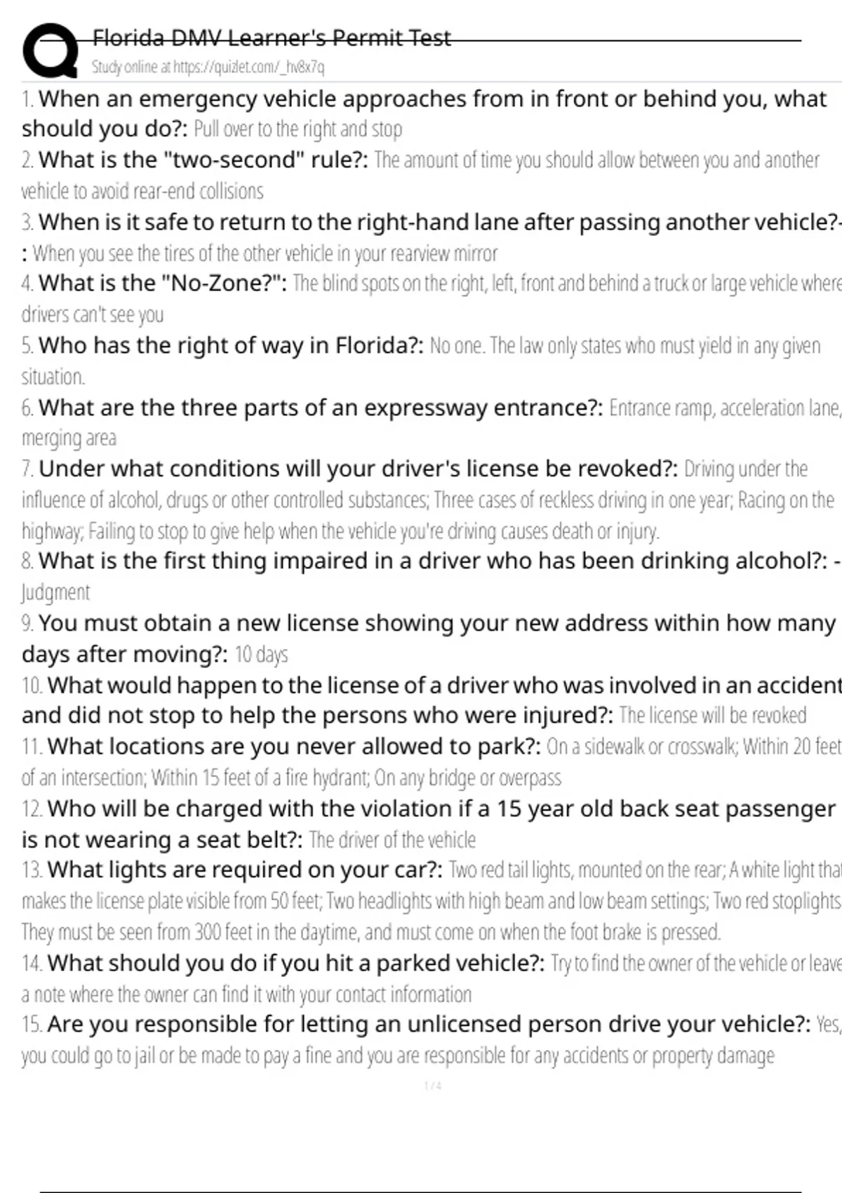 Florida DMV Learner's Permit Test Exam Questions and Answers 100% Pass ...