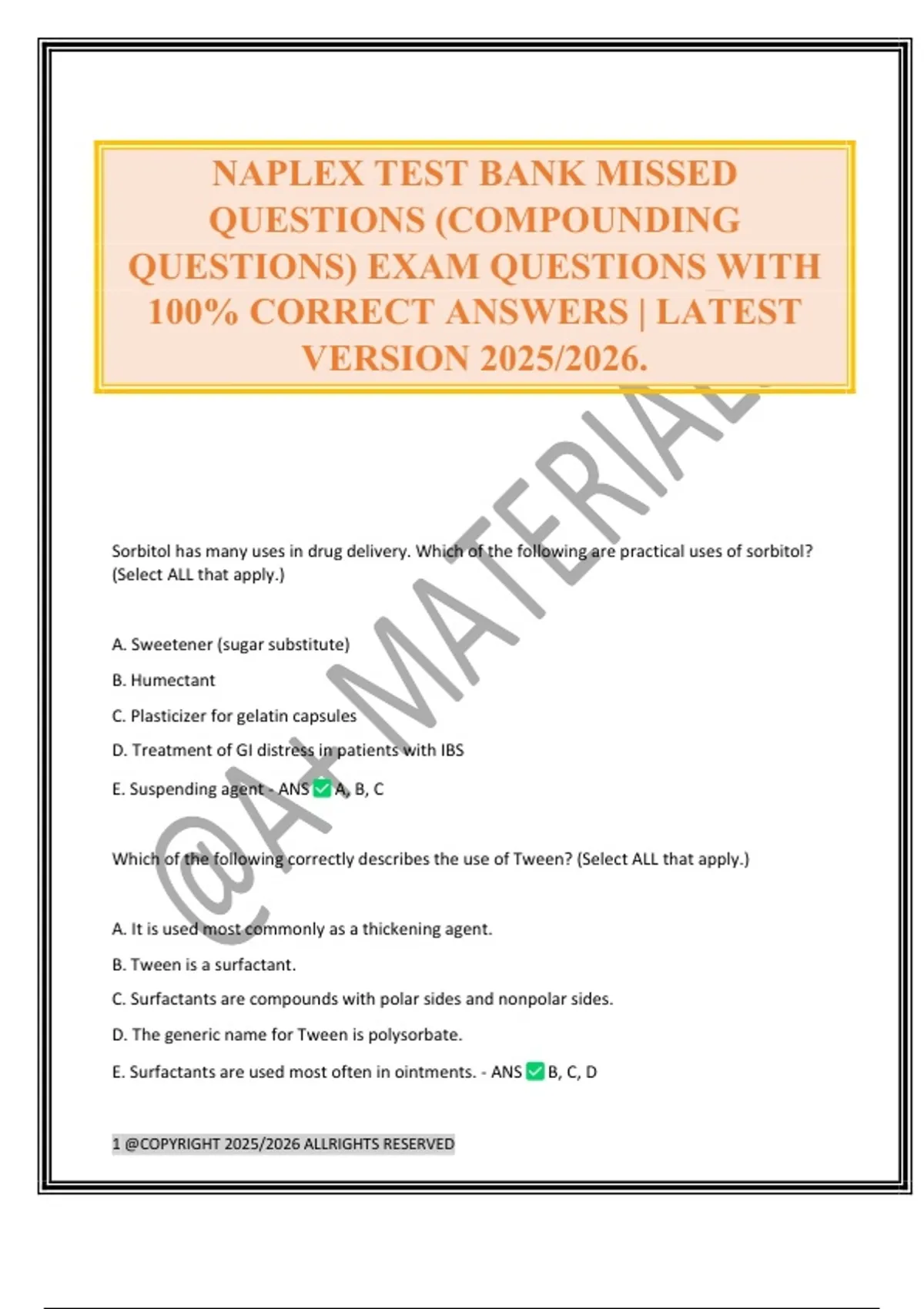 NAPLEX TEST BANK MISSED QUESTIONS (COMPOUNDING QUESTIONS) EXAM ...