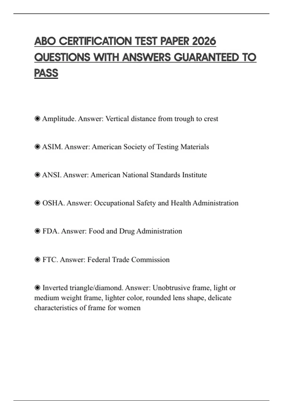 ABO CERTIFICATION TEST PAPER 2026 QUESTIONS WITH ANSWERS GUARANTEED TO ...