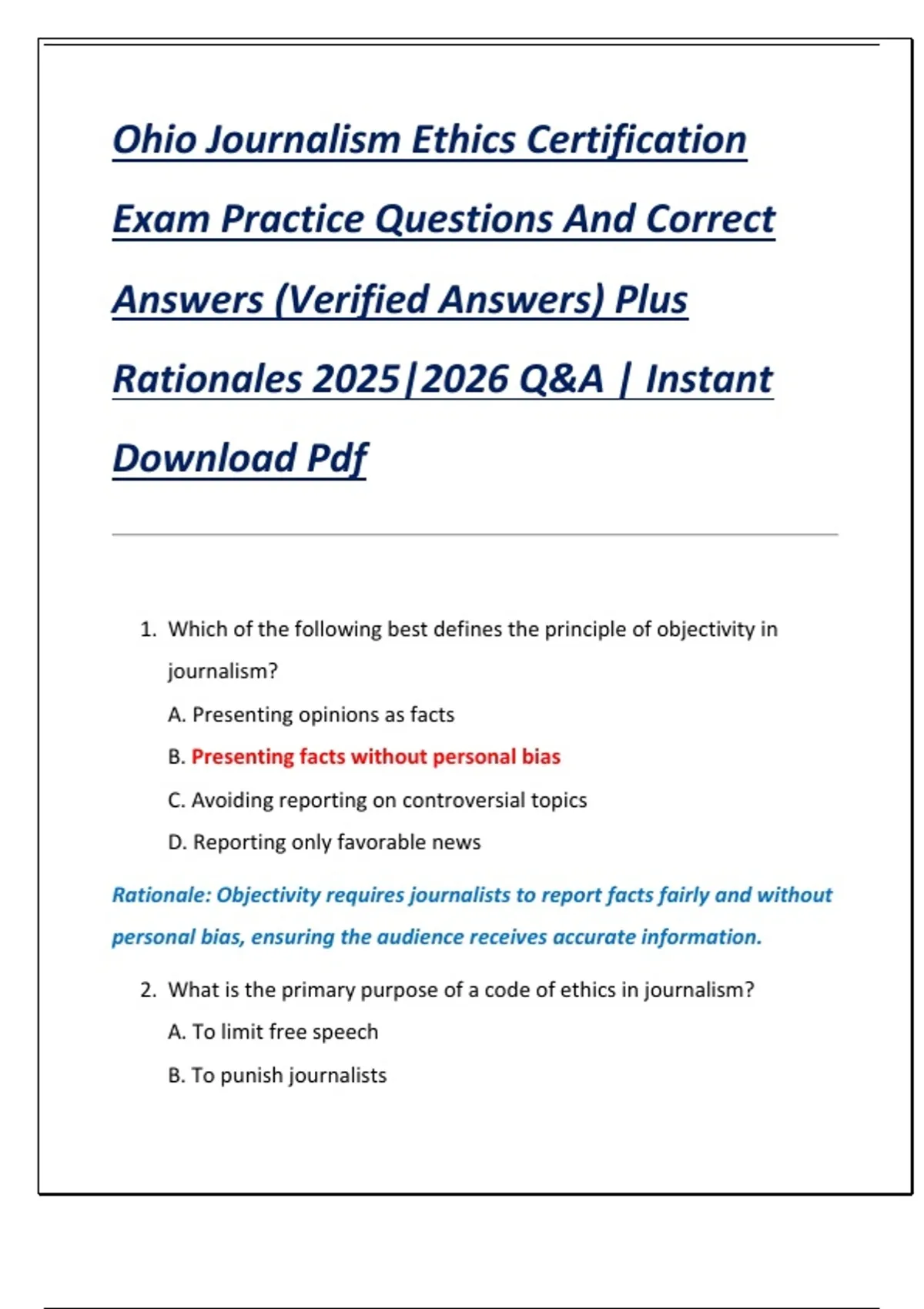 Ohio Journalism Ethics Certification Exam Practice Questions And ...