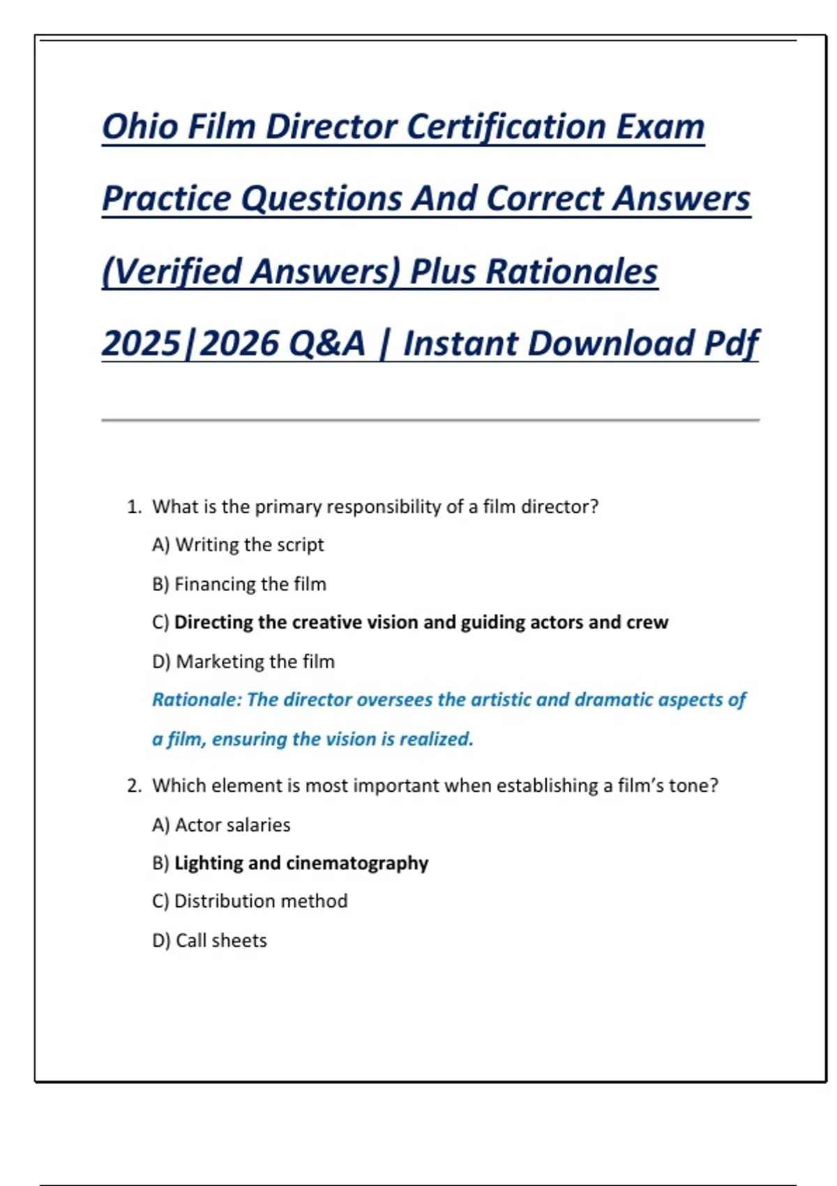 Ohio Film Director Certification Exam Practice Questions And Correct ...