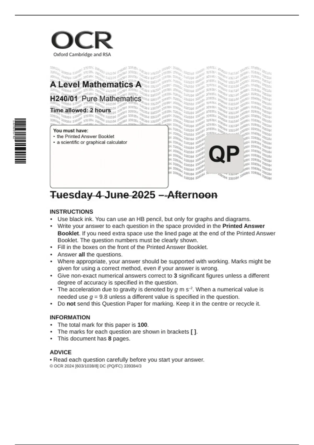 OCR A Level Maths 2025 | Pure Mathematics Paper 726654 + Mark Scheme ...