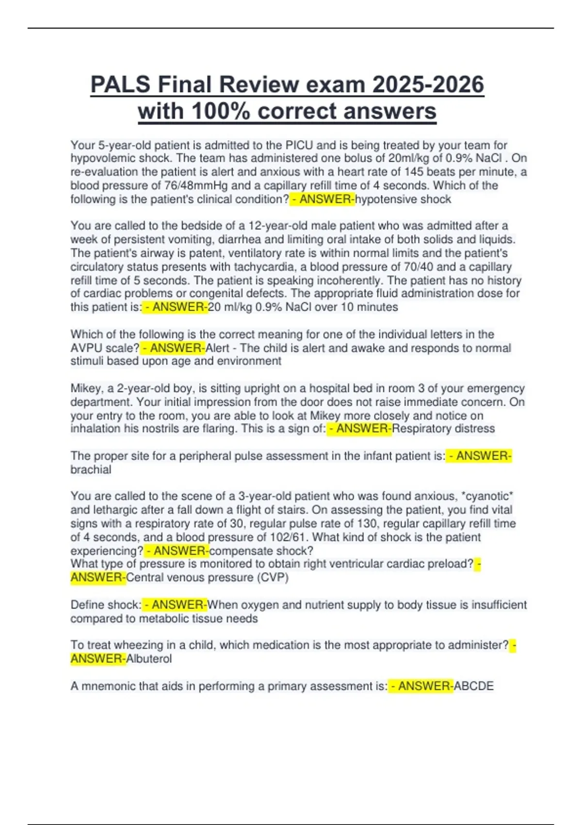 PALS Final Review exam with 100- correct answers - Pals - Stuvia US