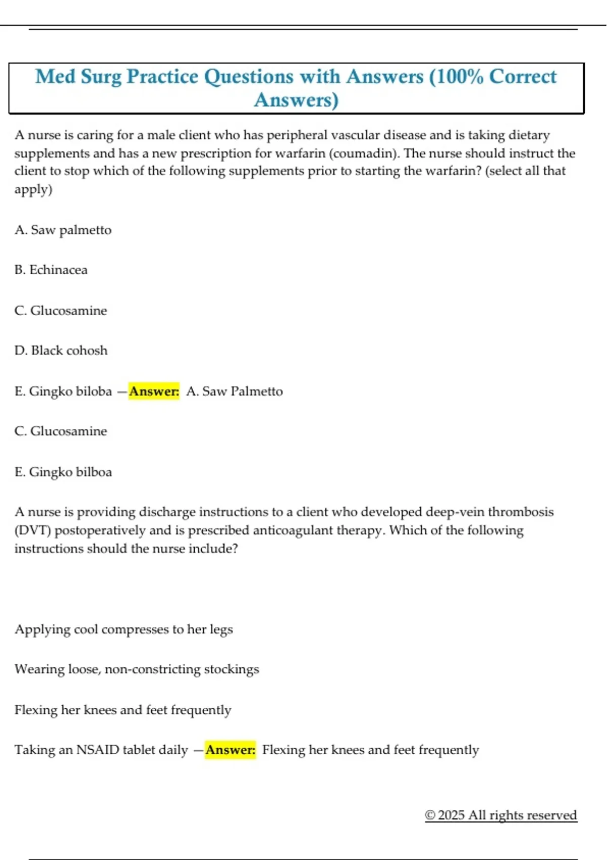 Med Surg Practice Questions with Answers (100% Correct Answers) - Med ...