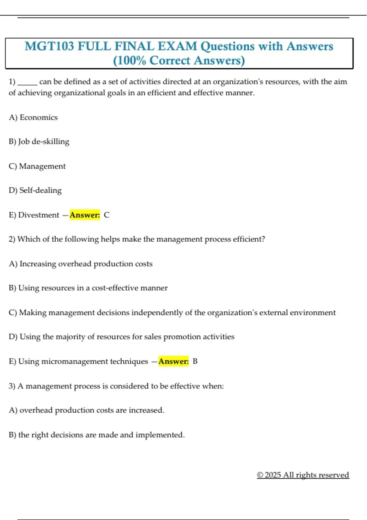MGT103 FULL FINAL EXAM Questions with Answers (100% Correct Answers ...