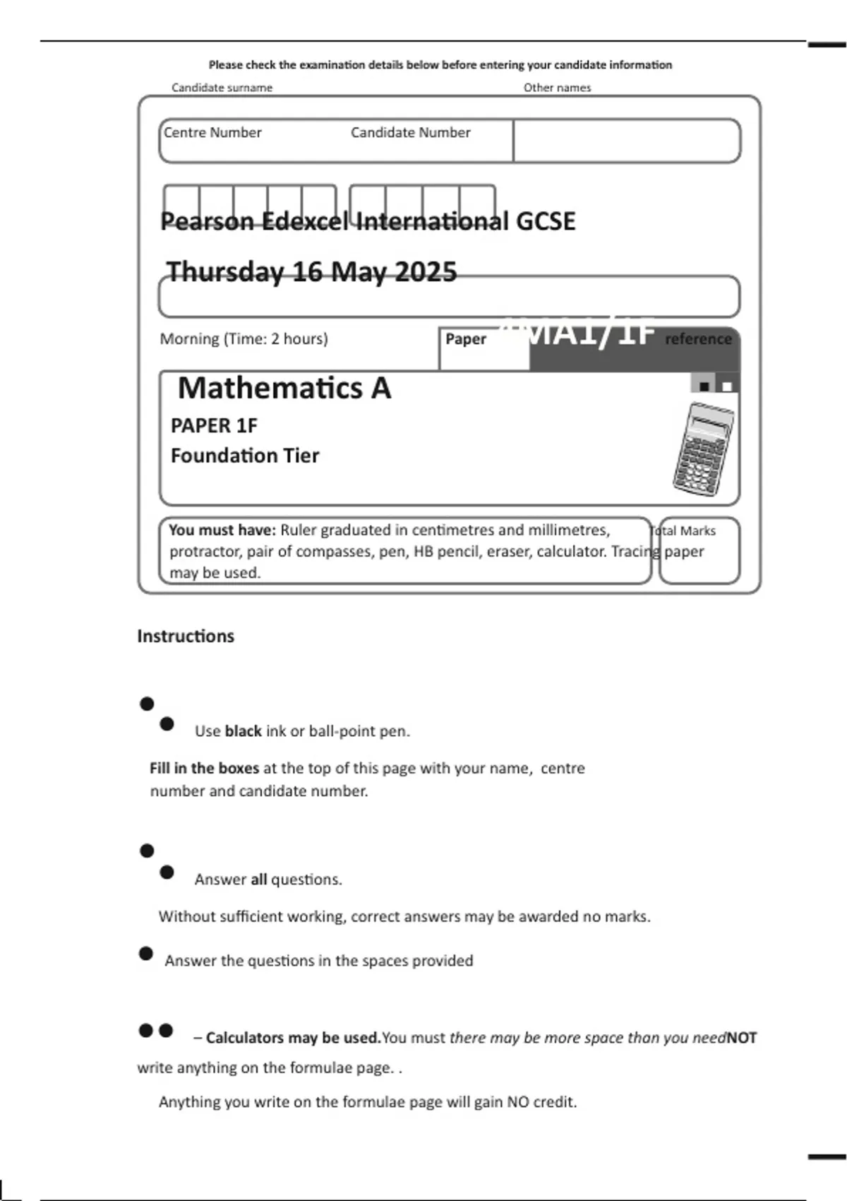 Edexcel IGCSE Maths 2025 | 4MA1/1F Foundation Tier Paper + Mark Scheme ...