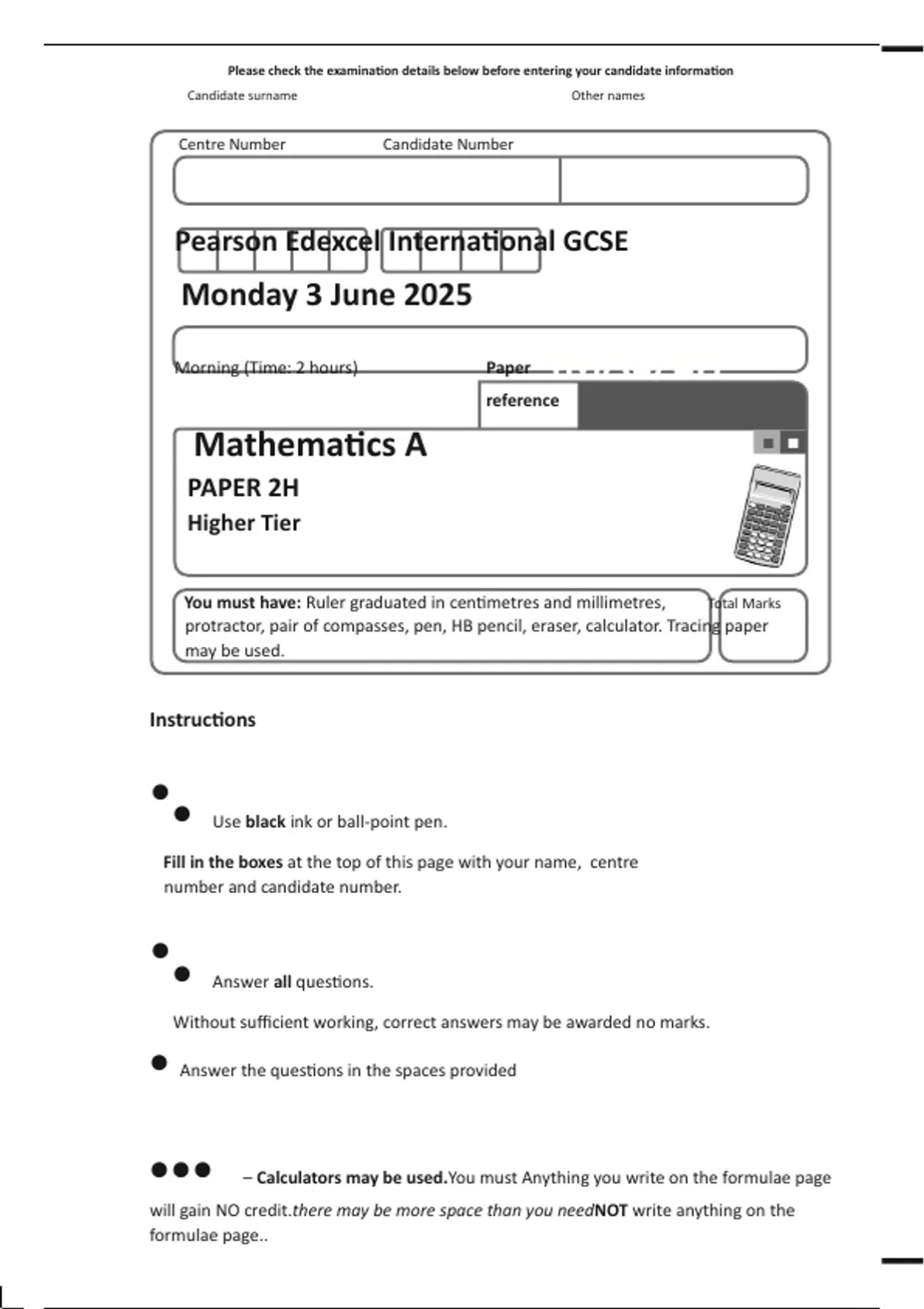Edexcel IGCSE Maths 2025 | 4MA1/2H Higher Tier Paper + Mark Scheme ...
