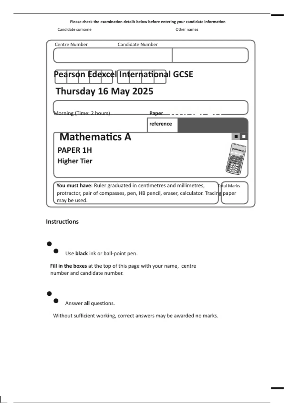 Edexcel IGCSE Maths 2025 | 4MA1/1H Higher Tier Paper + Mark Scheme ...