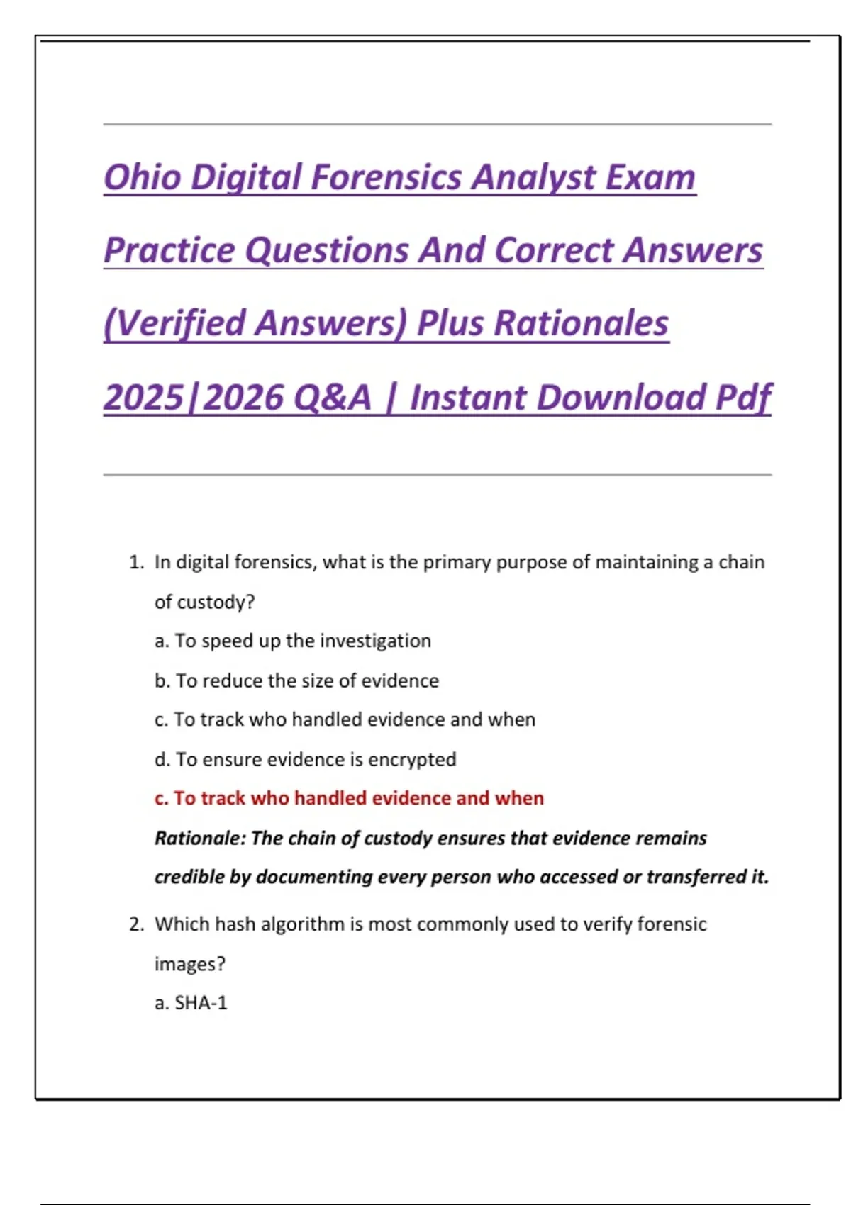 Ohio Digital Forensics Analyst Exam Practice Questions And Correct ...