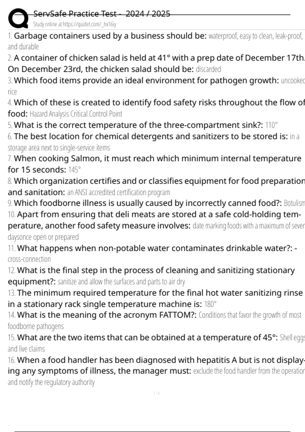 ServSafe Practice Test - 2024 / 2025 Exam Questions and Answers 100% ...