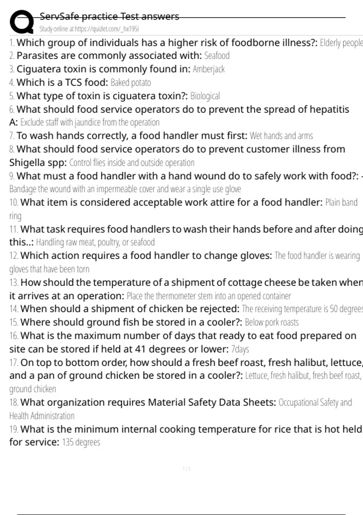 ServSafe practice Test answers Exam Questions and Answers 100% Pass ...