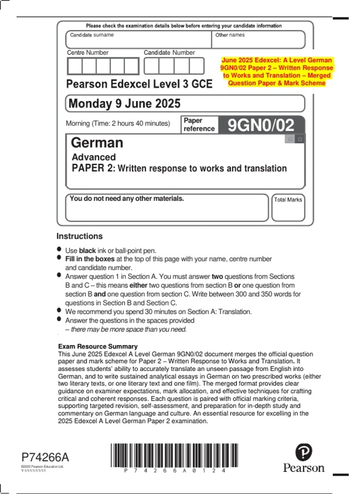 June 2025 Edexcel: A Level German 9GN0/02 Paper 2 – Written Response to ...
